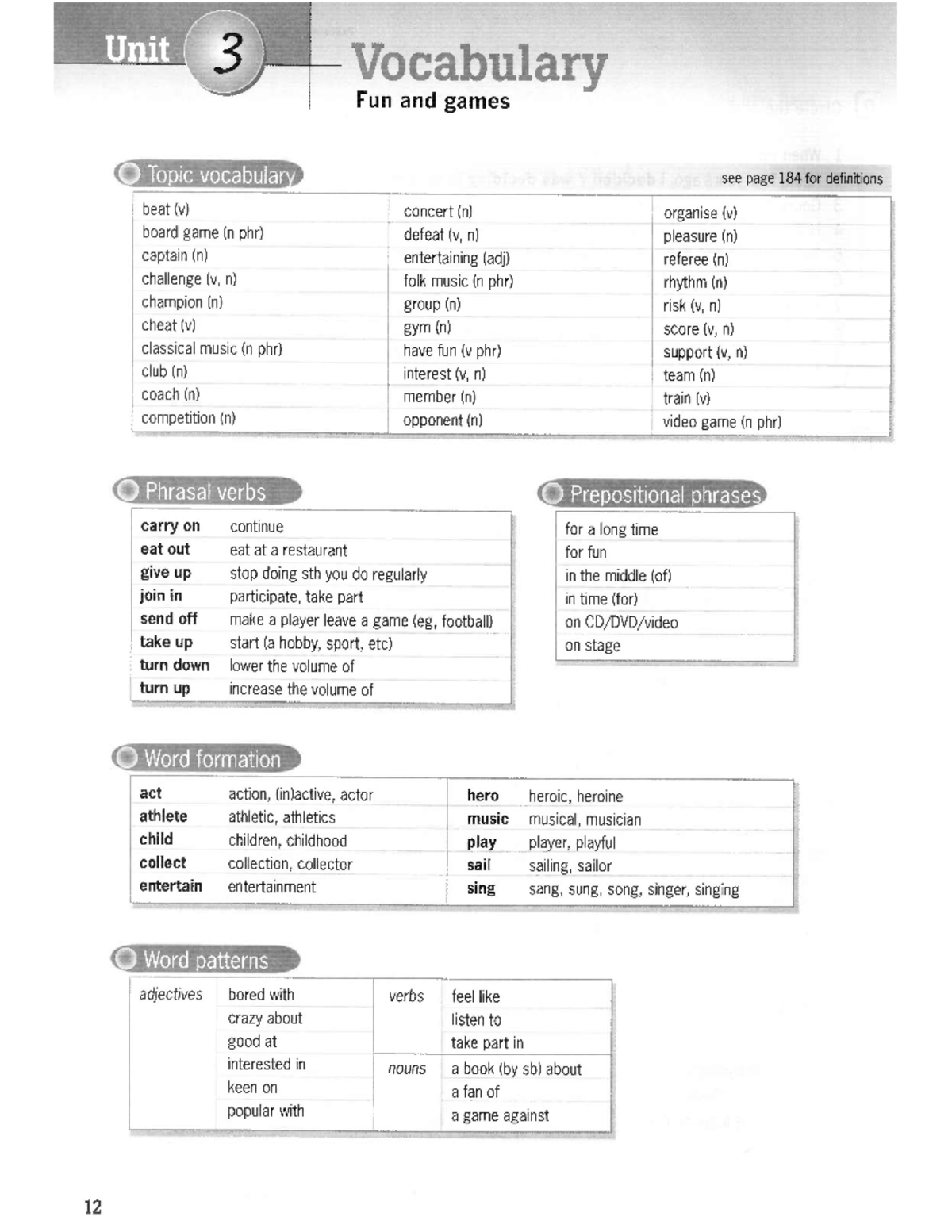 Unit 3 - ádasdasdasd - Unit 3 Vocabulary Fun and games Topic vocabulary see page 184 for ...