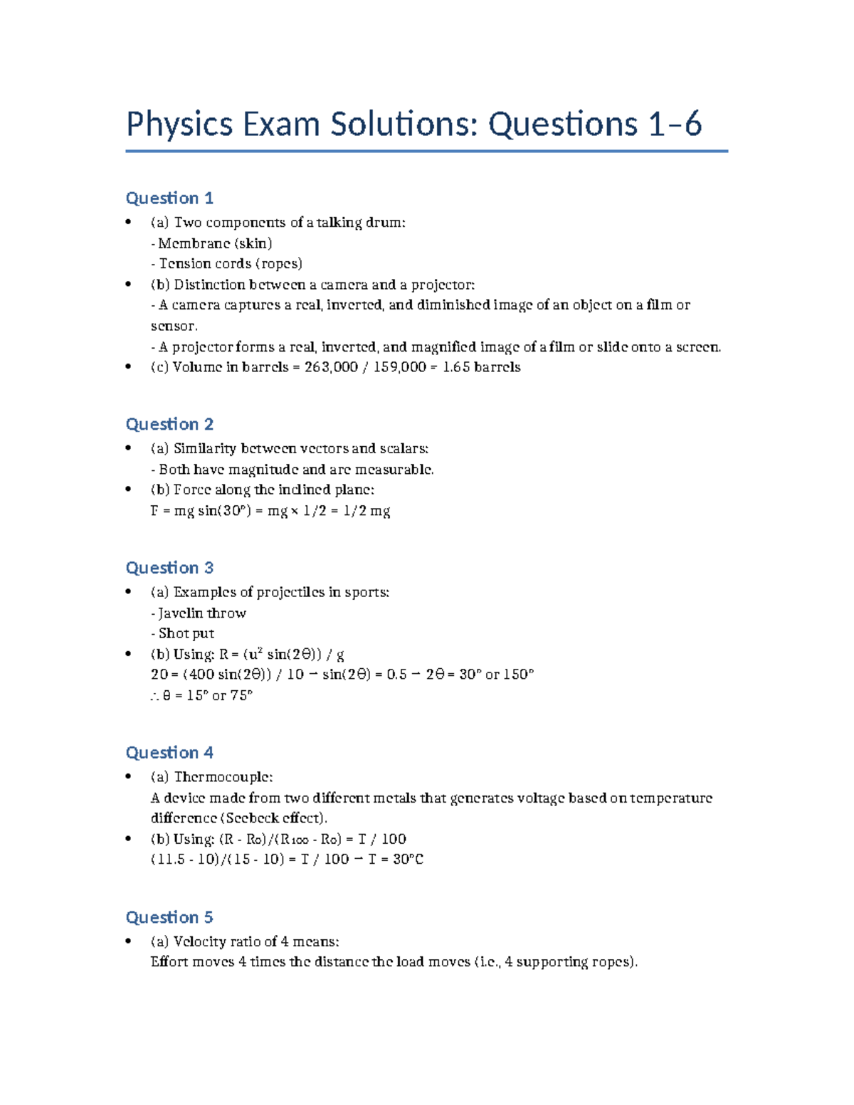 Physics Exam Solutions: Answers to Q1-Q6 - Studocu