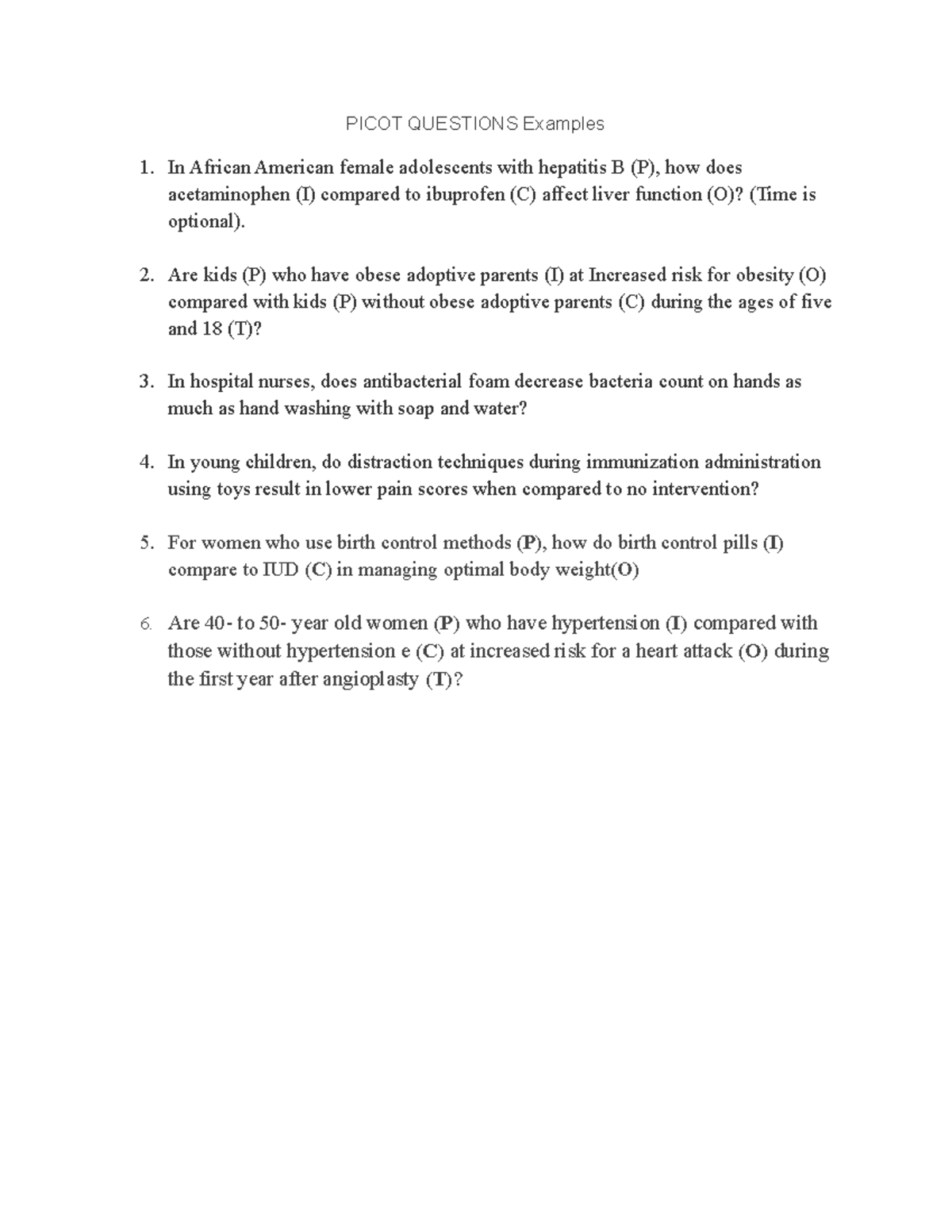 PICOT Questions for Evidence-Based Research in Nursing - Studocu