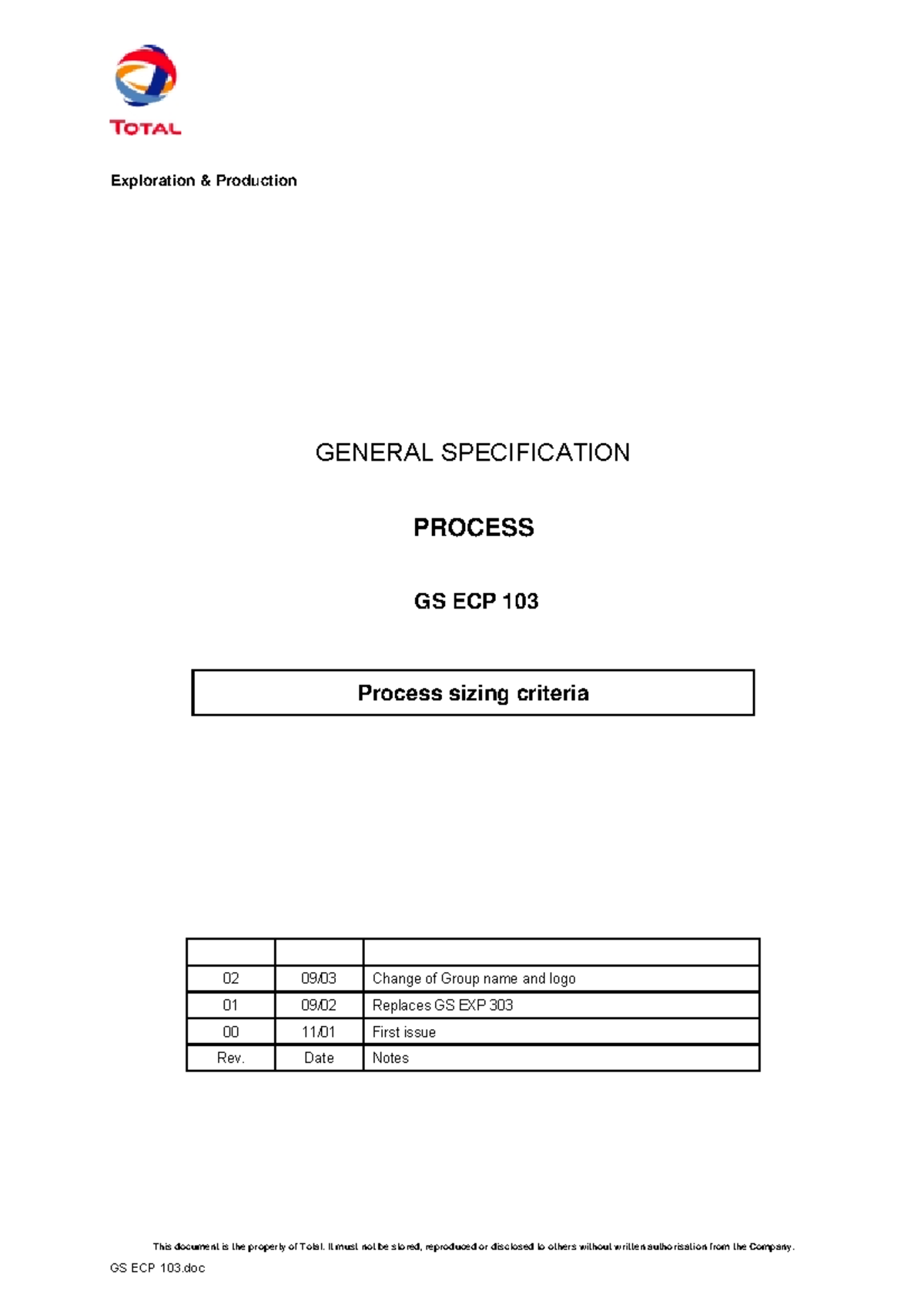 GS ECP 103 - General Specification for Process Sizing Criteria - Studocu