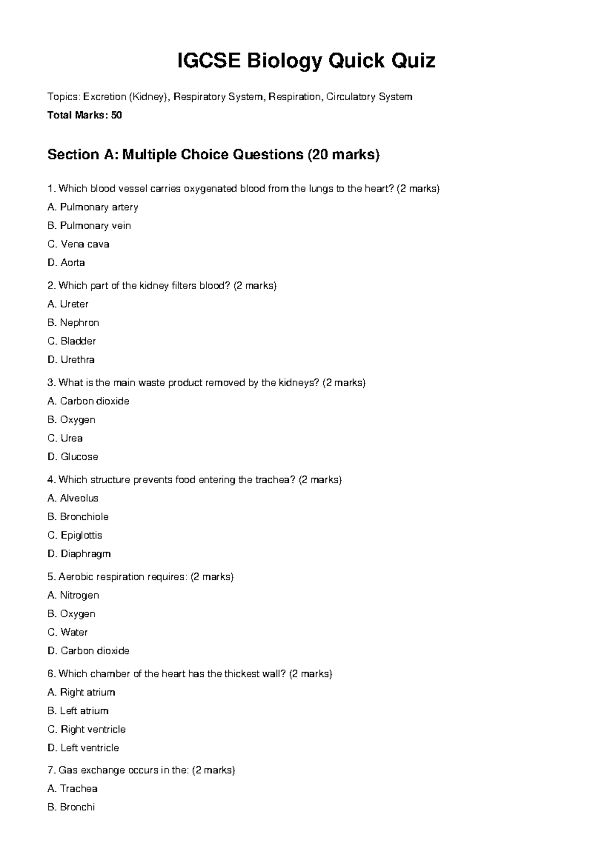 IGCSE Biology Quick Quiz: Excretion, Respiration & Circulation - Studocu