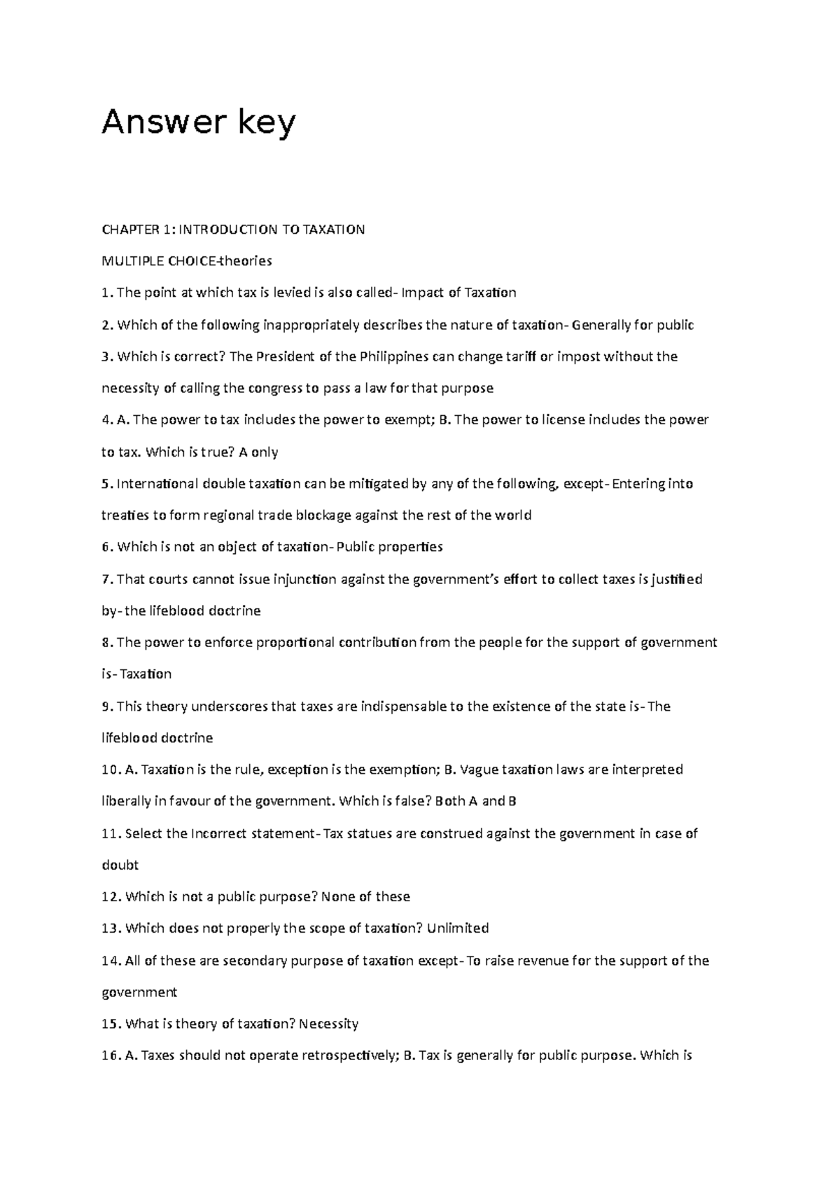 Answer Key: Income Taxation - Chapter 1 Revision Guide - Studocu