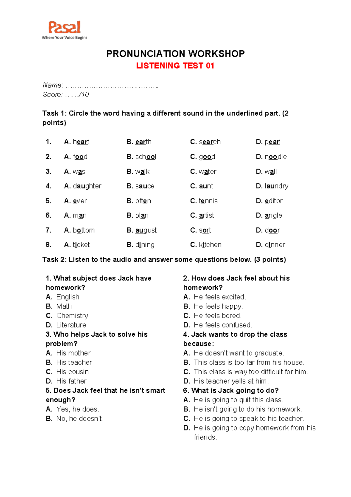 PRONUNCIATION WORKSHOP LISTENING TEST 01 - 2023 - Studocu