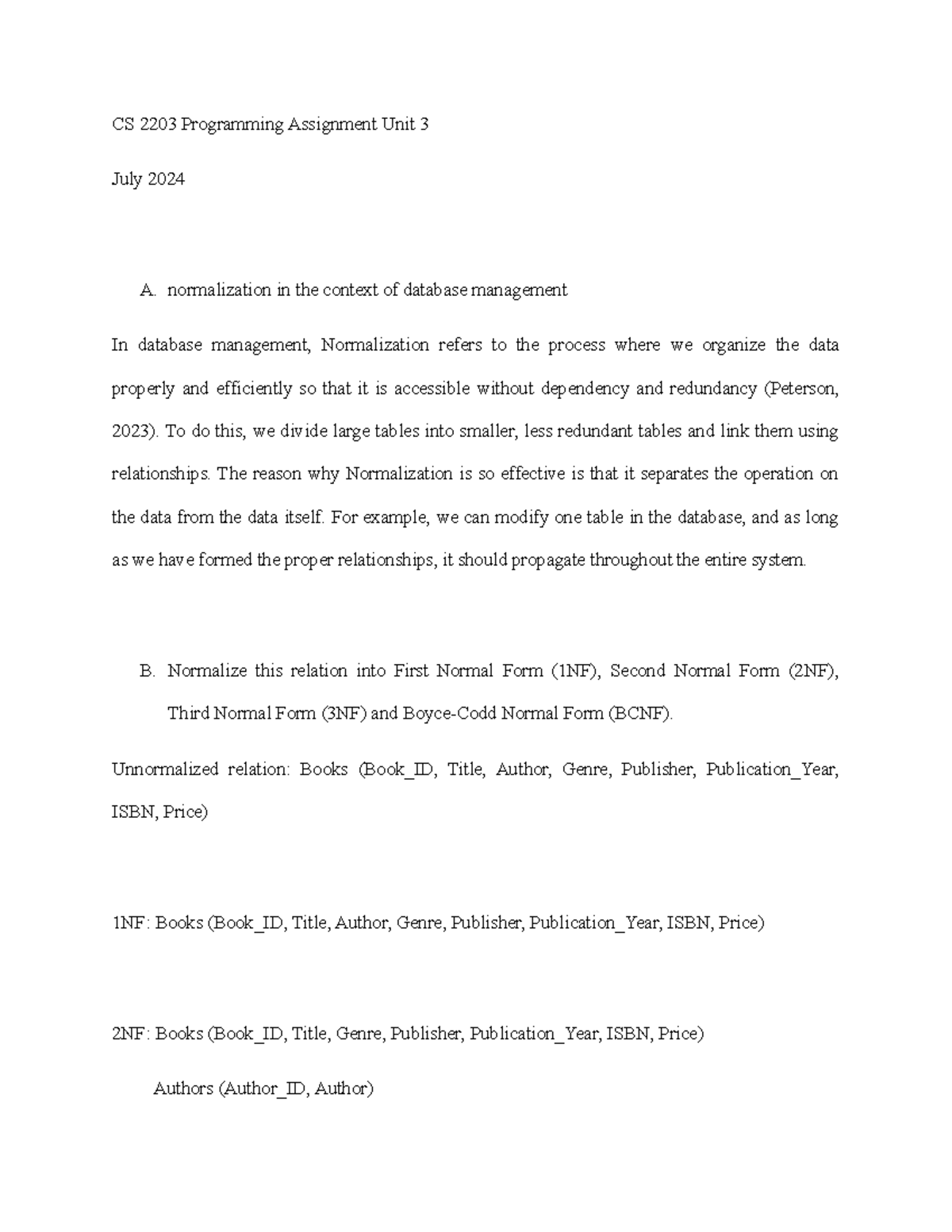 CS 2203 Programming Assignment 3: Database Normalization Techniques - Studocu