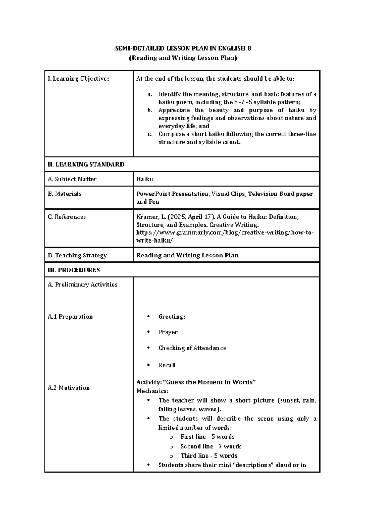 LESSON PLAN IN ENGLISH 8: Exploring Haiku Poetry - Studocu