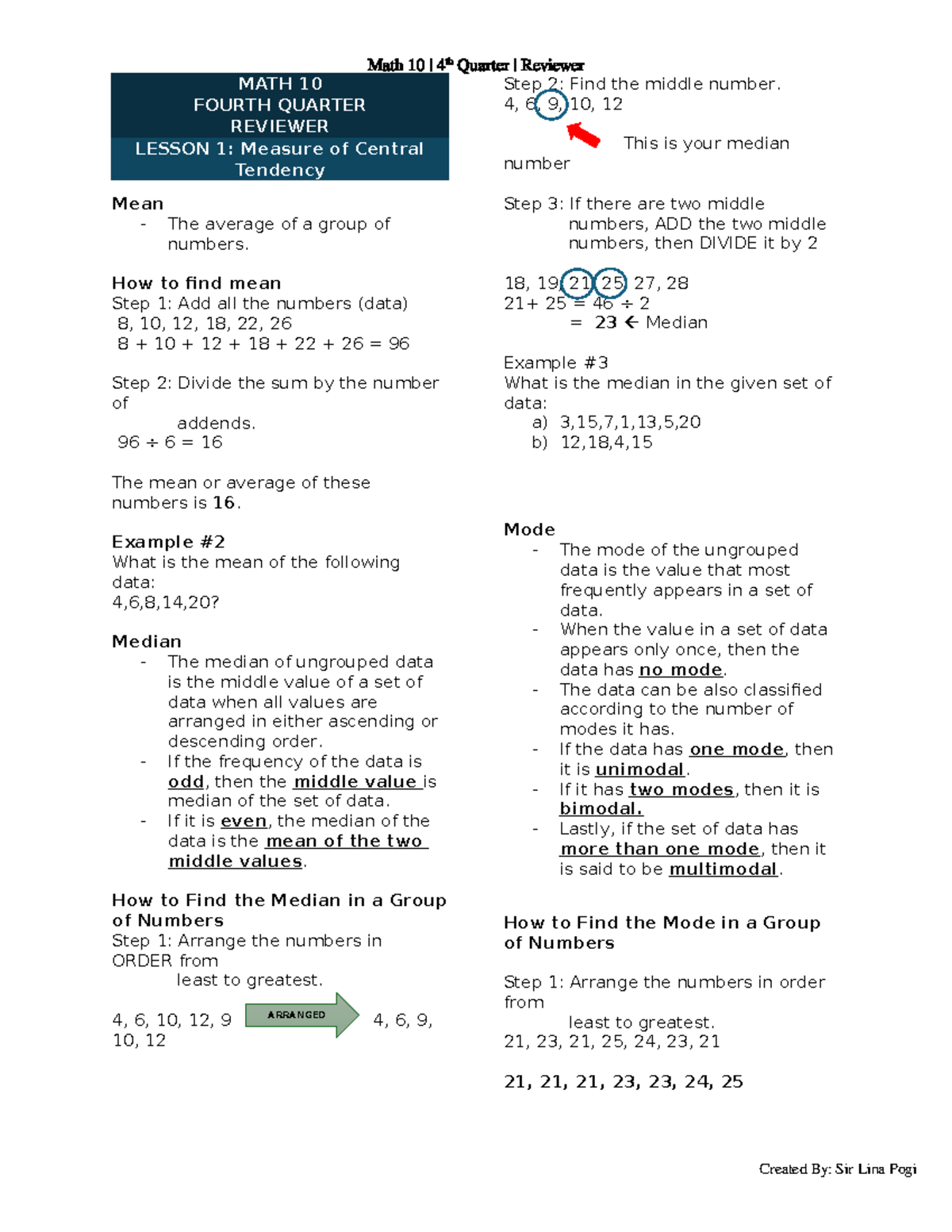 MATH 10: Quarter 4 Reviewer on Measures of Central Tendency and More ...