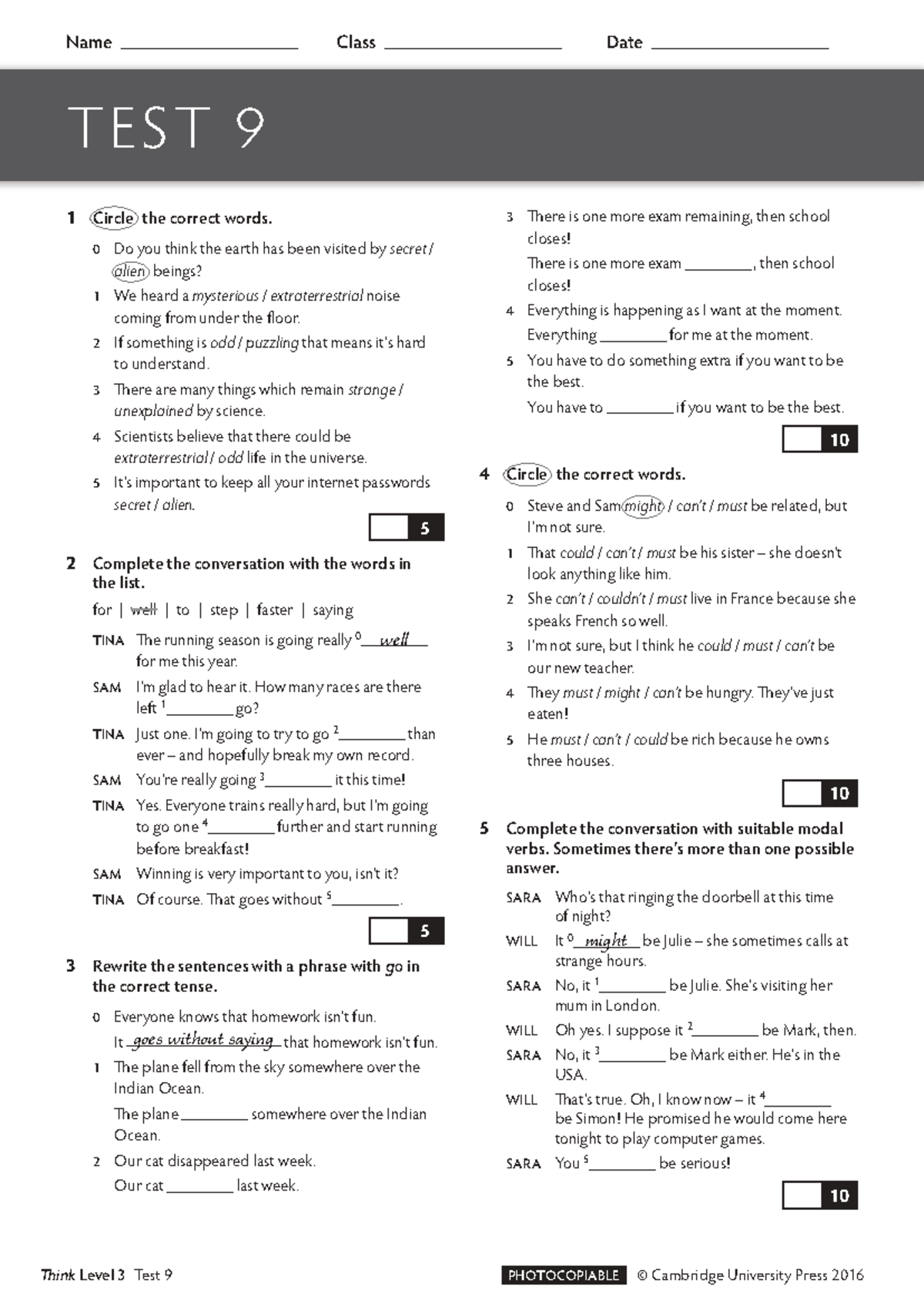 Cambridge (Unit 9) - Test 9: Circle the Correct Words and Modal Verbs ...