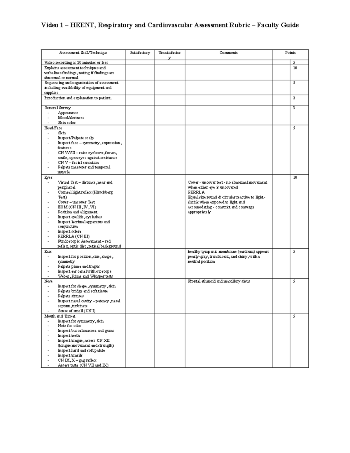 Video 1 HEENT, Respiratory & Cardiovascular Assessment Guide - Studocu