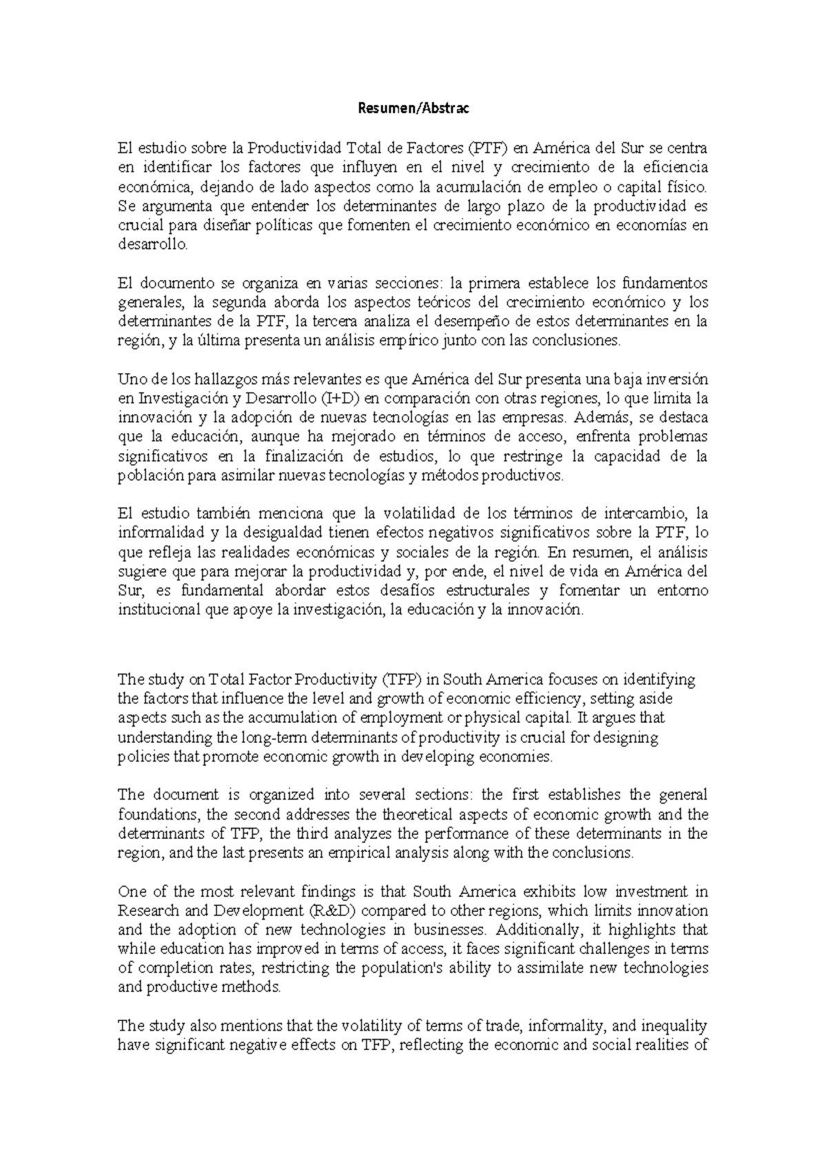 Determinantes de la Productividad Total de Factores (PTF) en América ...