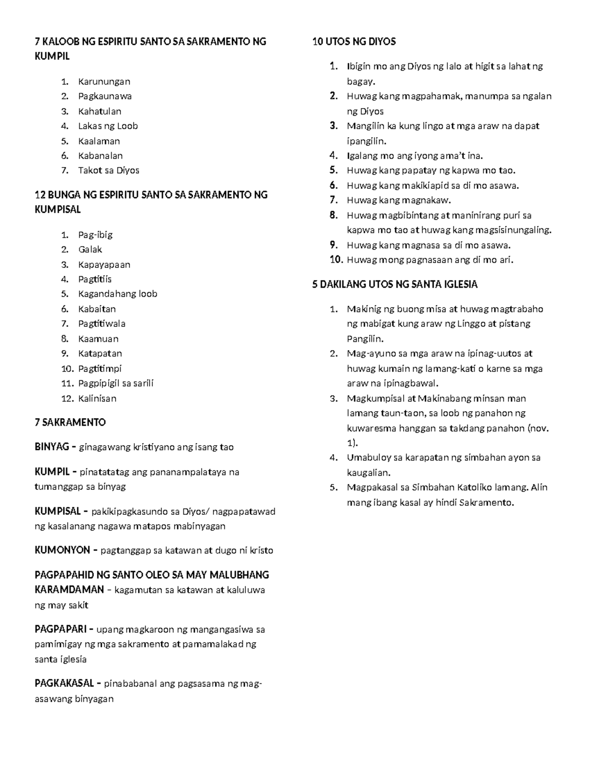 7 Kaloob ng Espiritu Santo at Sakramento ng Kumpil - Studocu