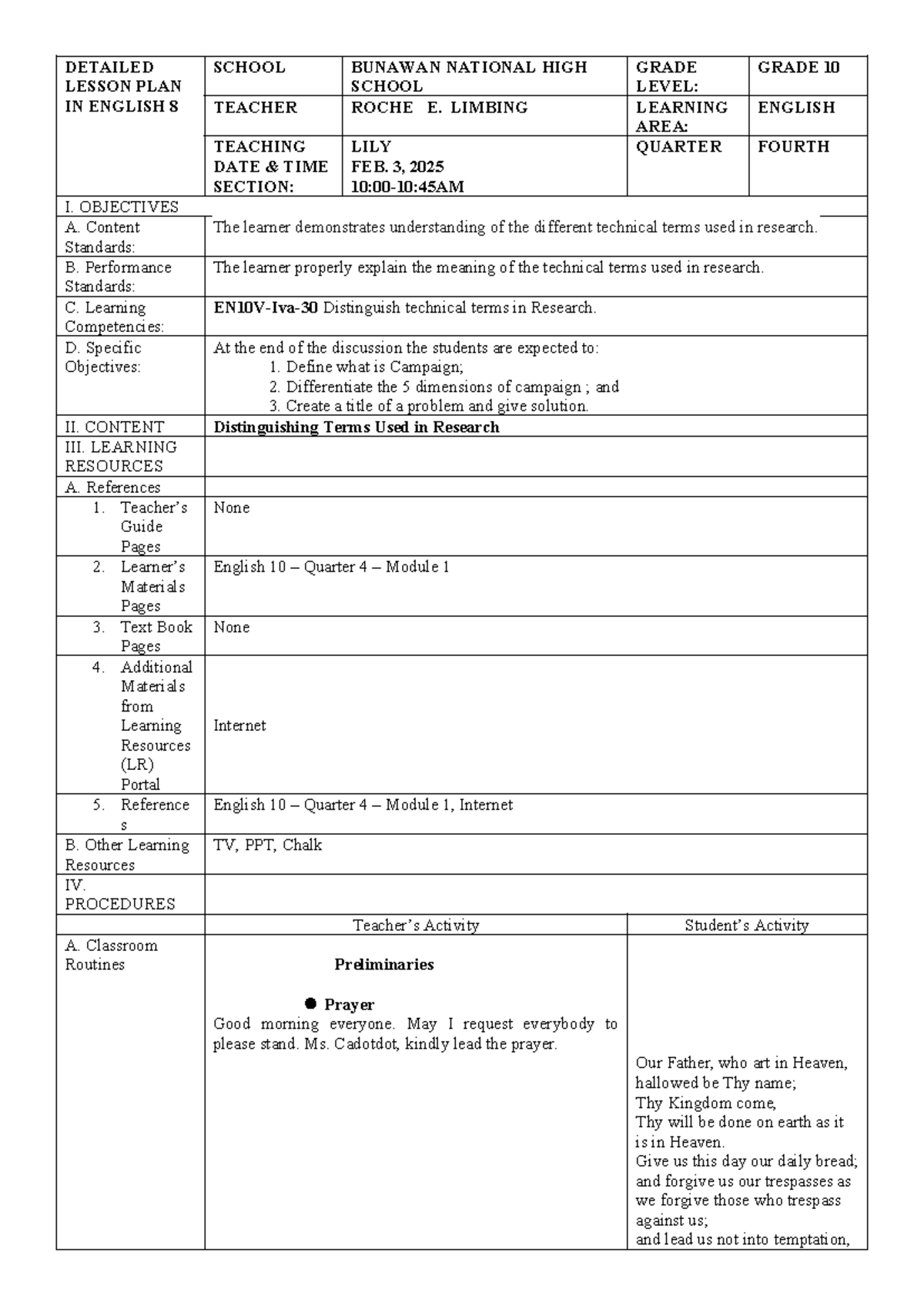 Grade 10 English Lesson Plan: Quarter 4, Week 1 Overview - Studocu