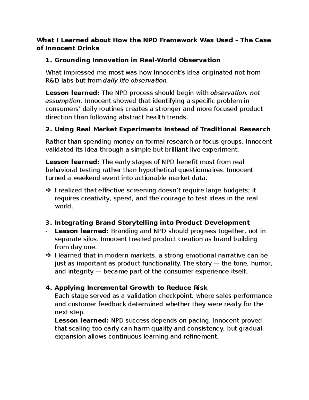 NPD Framework Insights: Innocent Drinks Case Study Analysis - Studocu