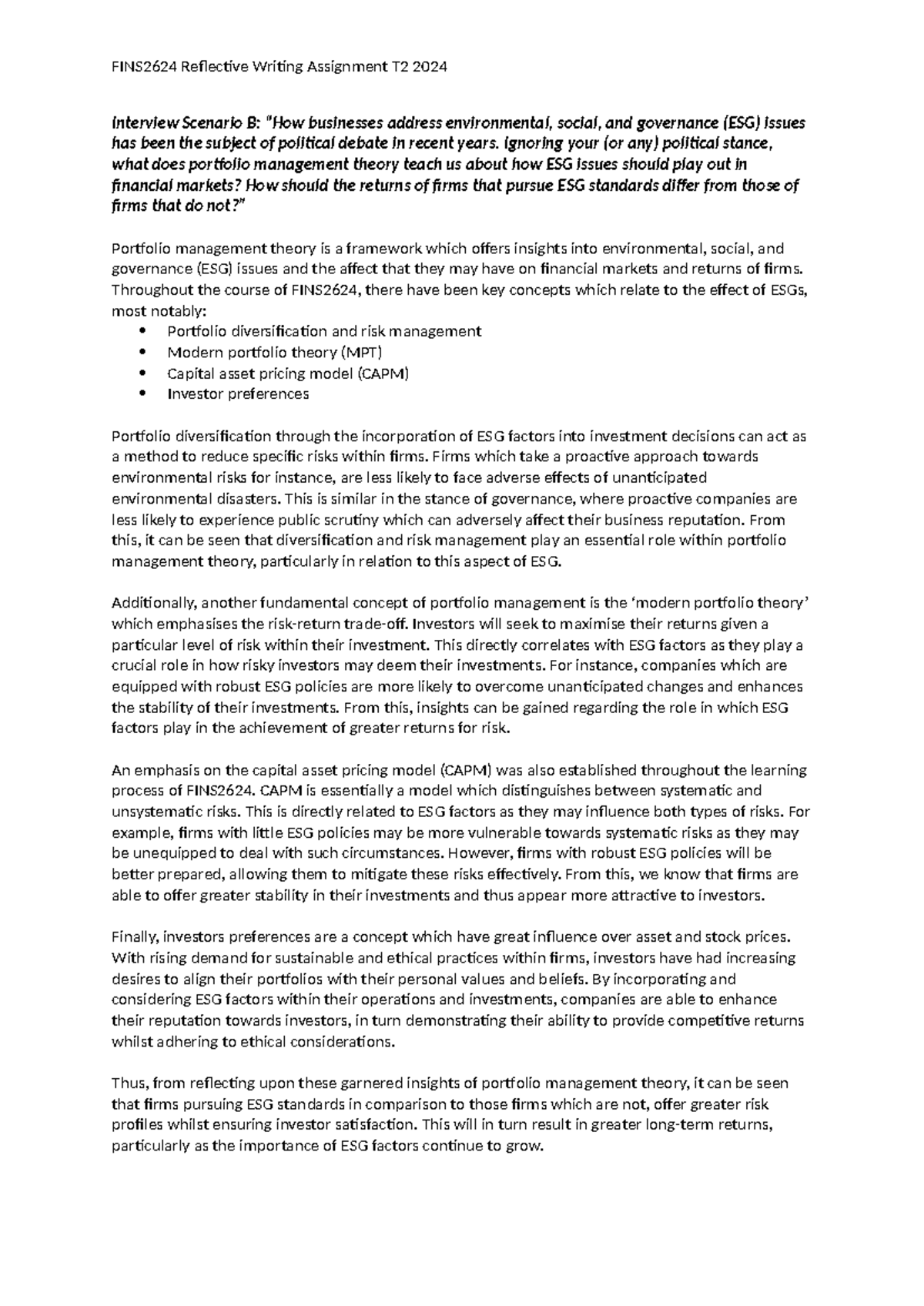 FINS2624 Reflective Writing Assignment T2 2024 - Ignoring your (or any ...