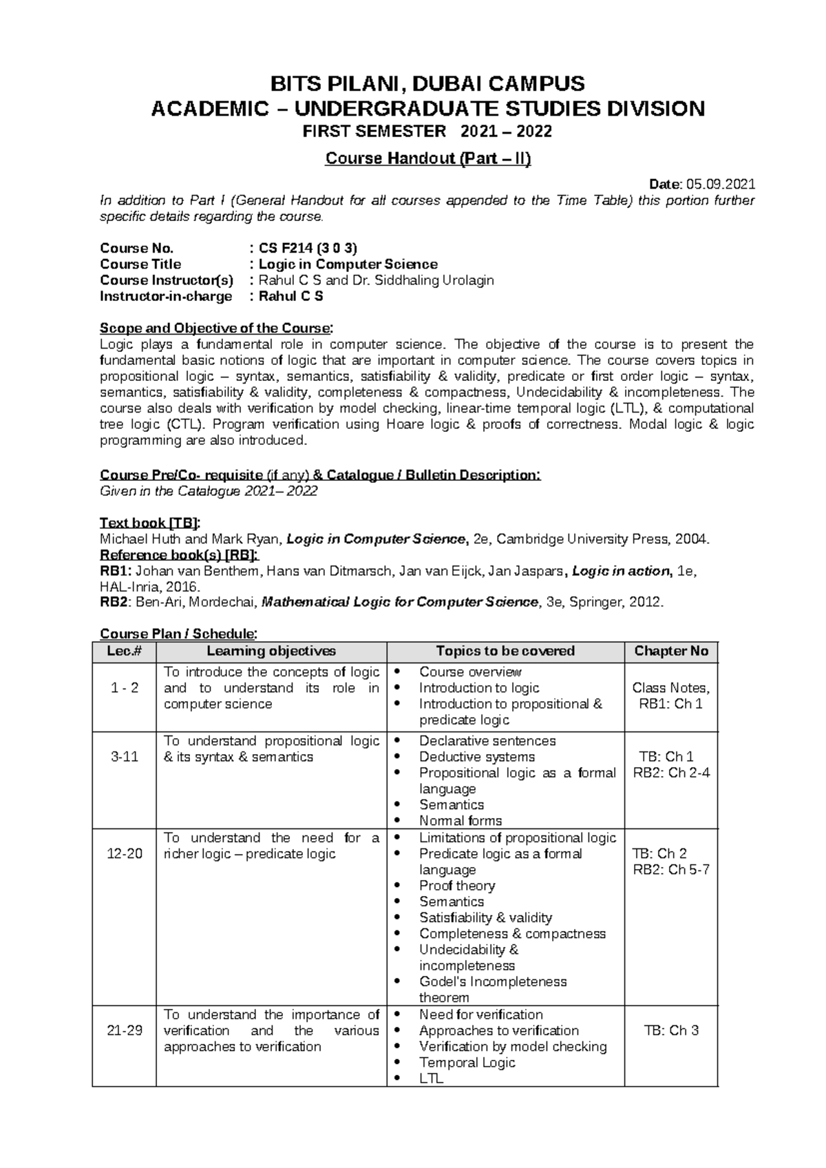 CS F214 Logic in Computer Science Course Handout 1st Sem 2021-22 - Studocu