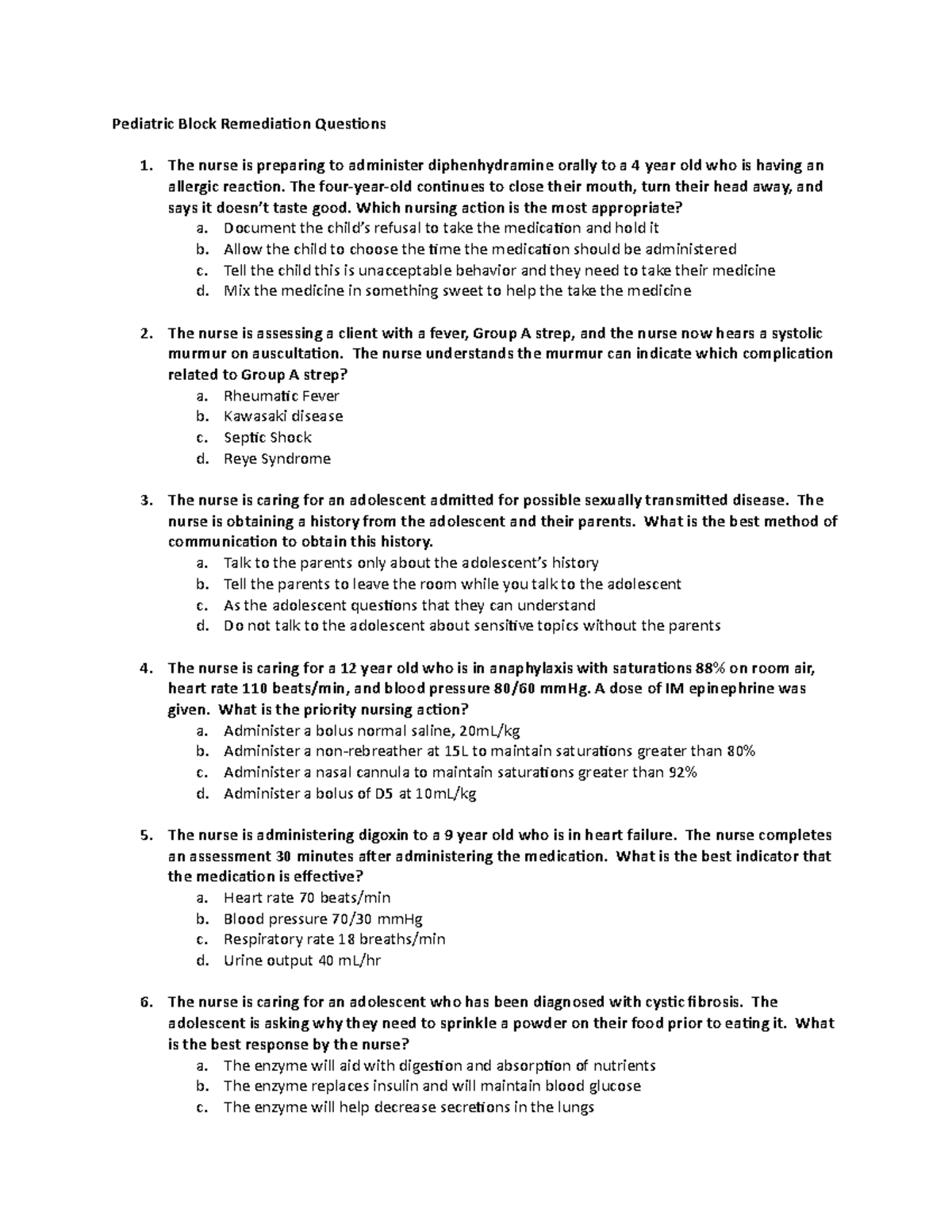 Pediatric Block Remediation Questions and Nursing Scenarios - Studocu