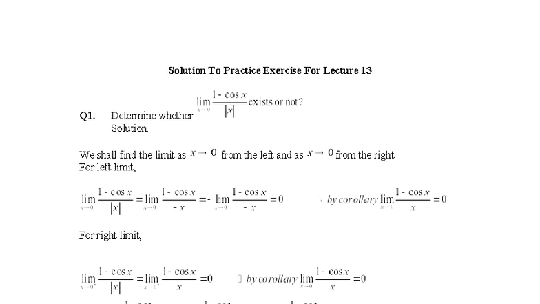 Solution To Practice Exercise For Lecture 13 - Calculus - Determine ...