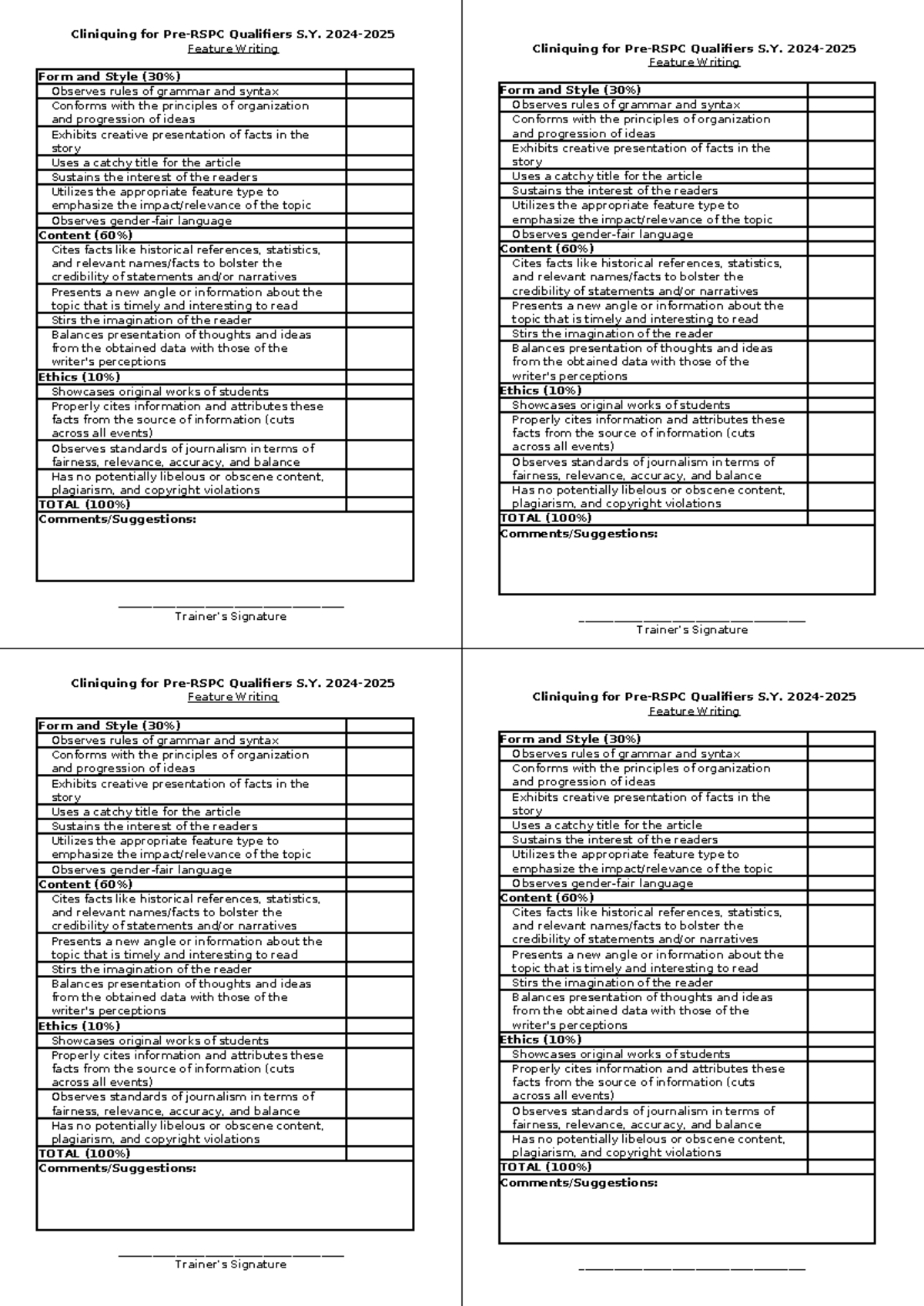 Pre-RSPC Qualifiers S. 2024 - Feature Writing Scoresheet Guide - Studocu