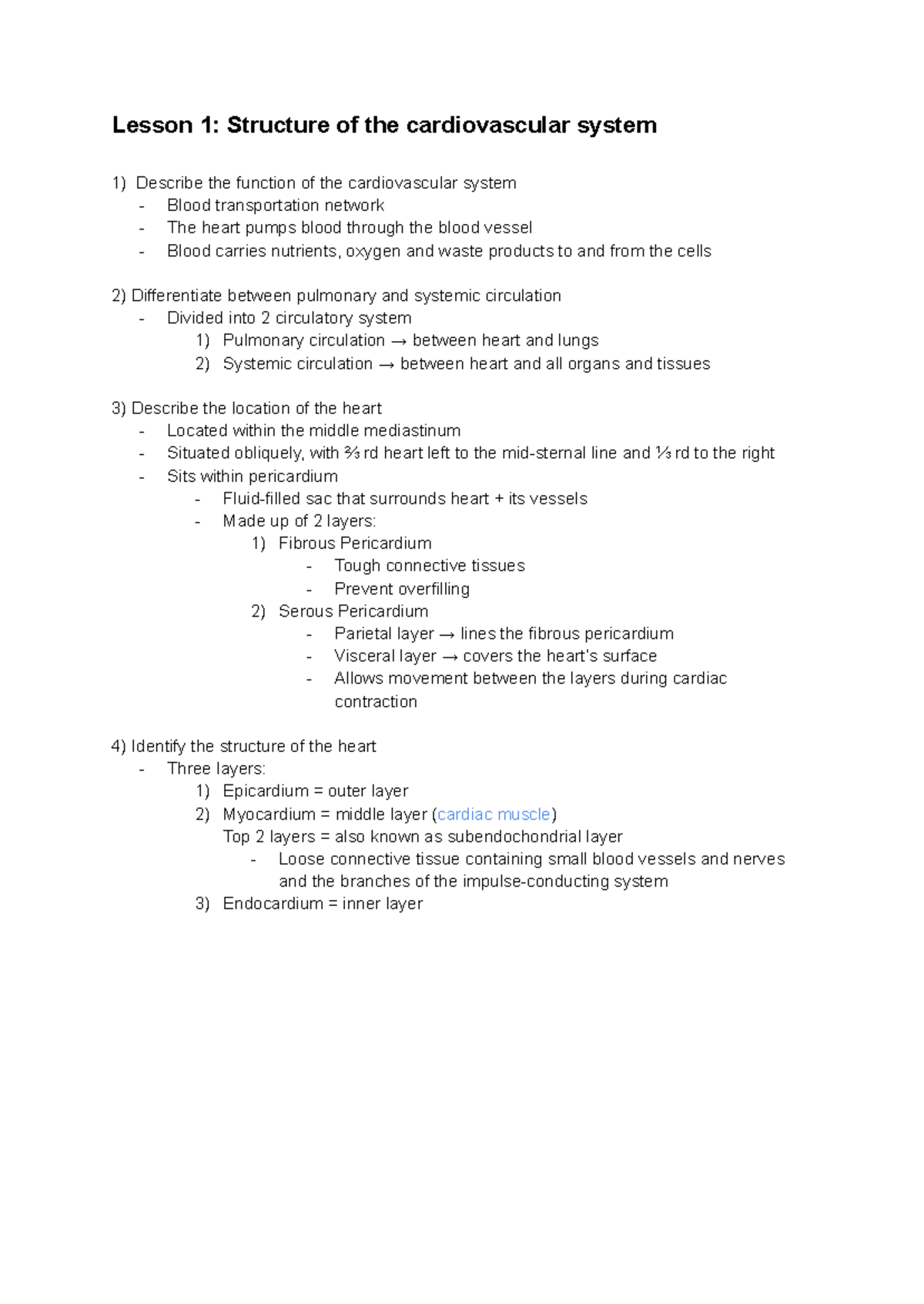 Cardiovascular System Notes - HPP: Structure, Function, and Circulation ...