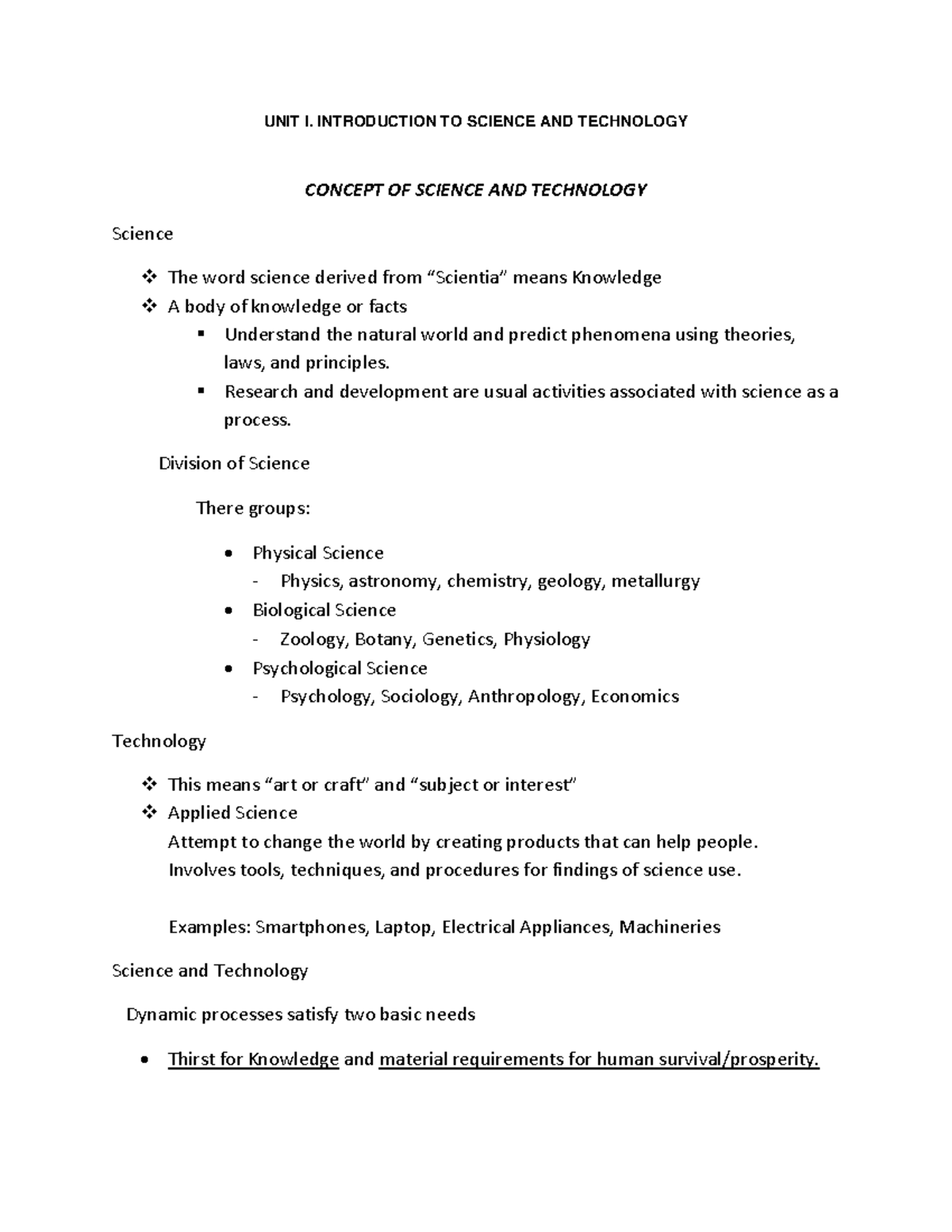 Final STS Midterm - UNIT I. INTRODUCTION TO SCIENCE AND TECHNOLOGY ...