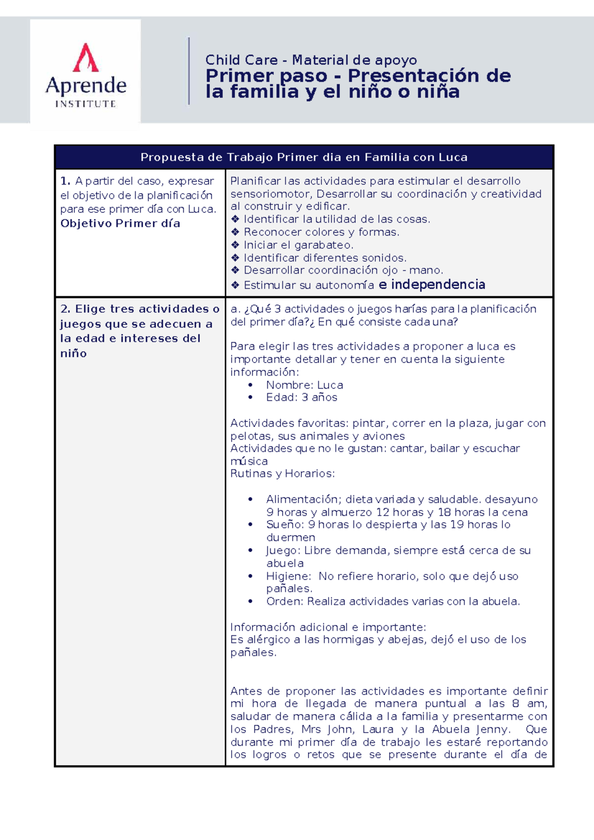 Planificación de Actividades para el Primer Día con Luca - Child Care ...