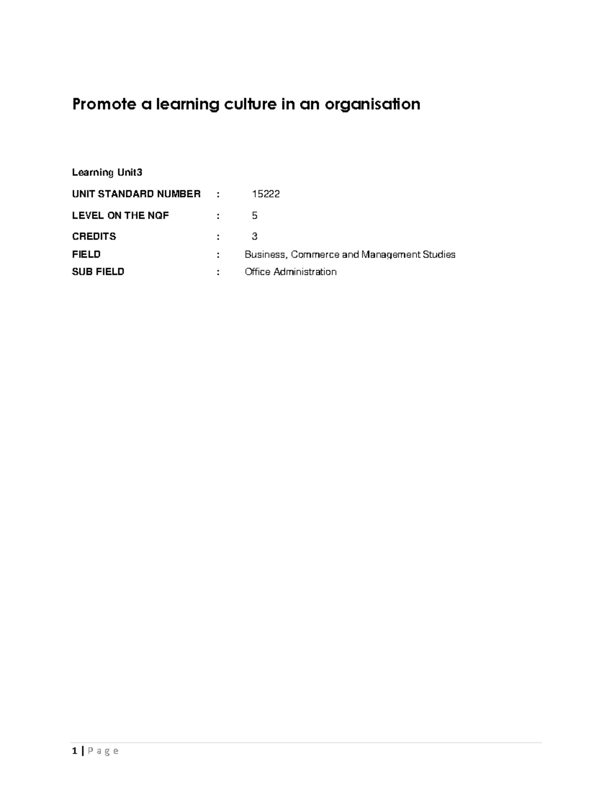 Promoting a Learning Culture in Business Organizations (Unit Std 15222 ...