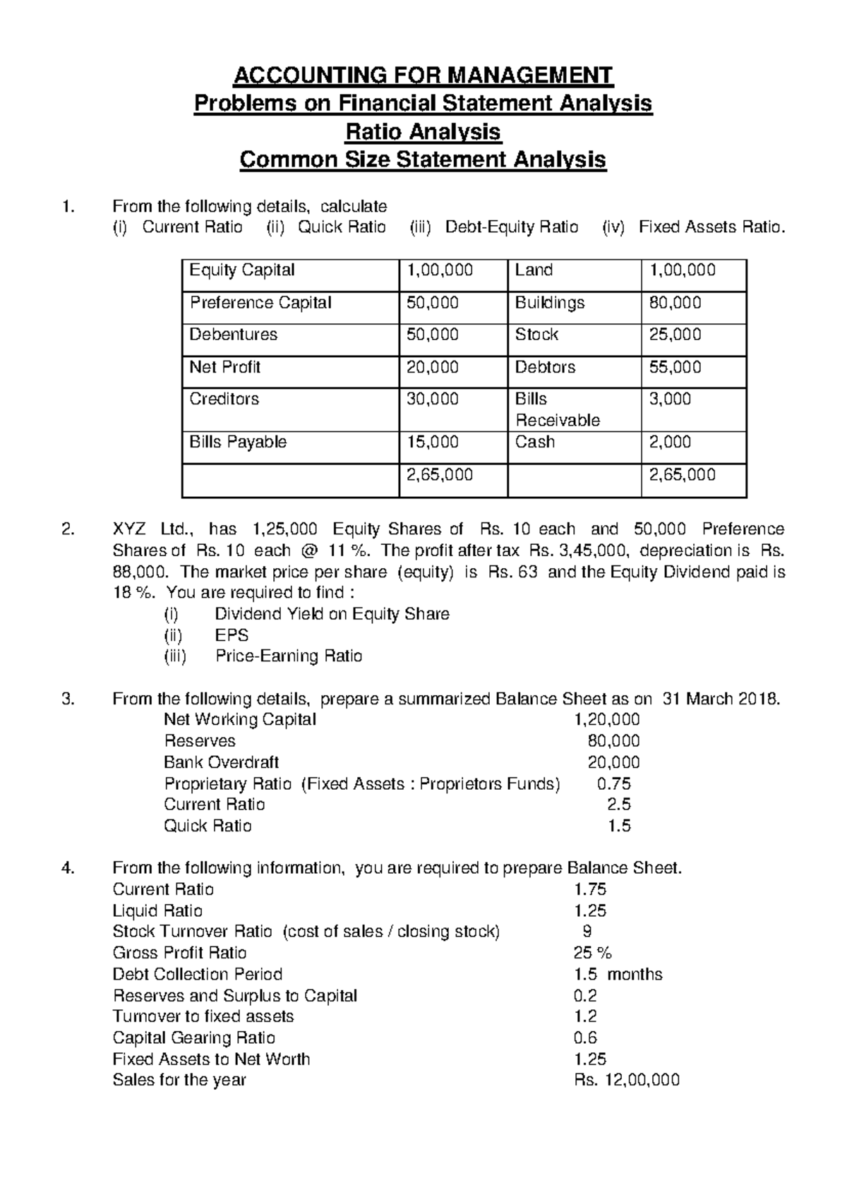 MBA AFM Problems on Financial Statement Analysis and Ratio Analysis ...