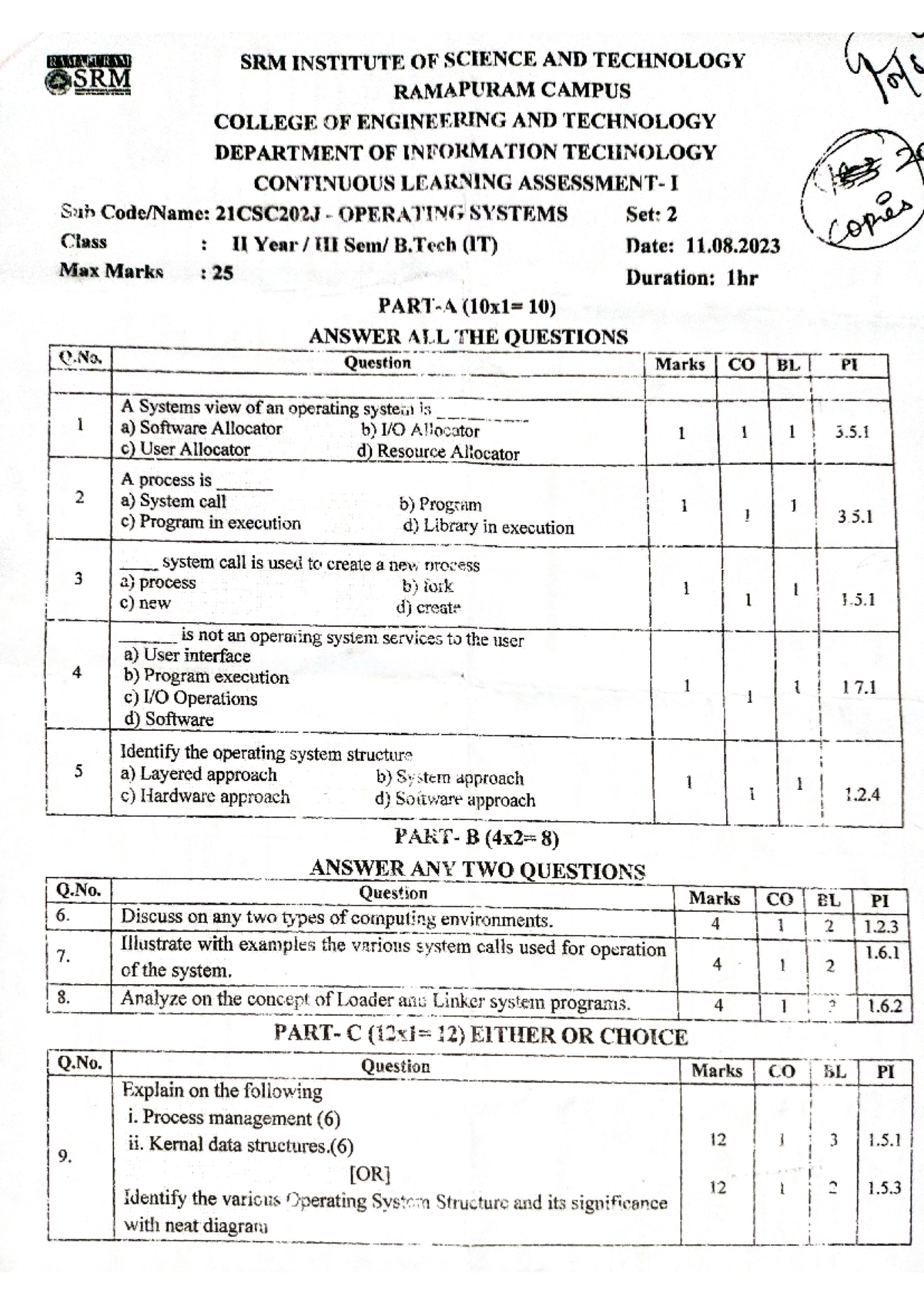 Operating Systems 21CSC202J Continuous Learning Assessment Set 2 - Studocu