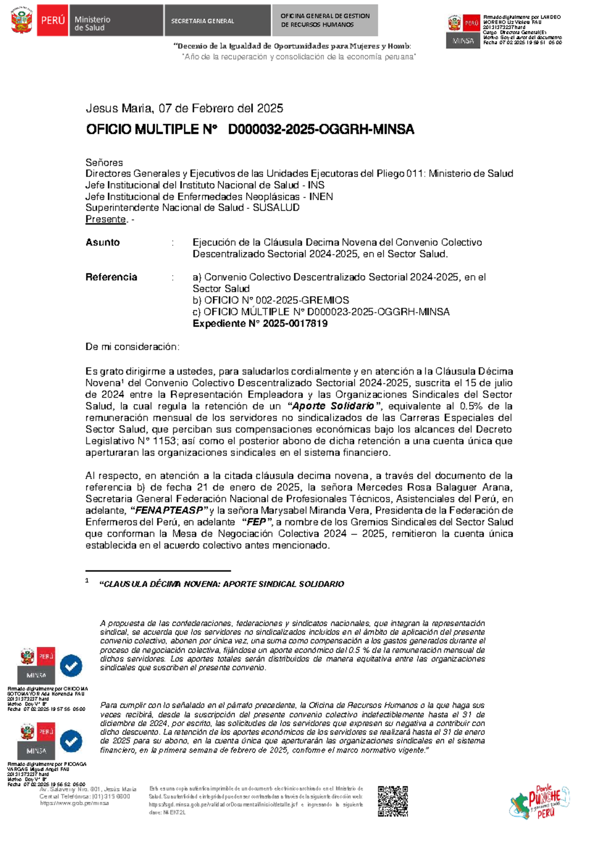 Oficio Múltiple N° D000032-2025-OGGRH-MINSA: Ejecución de Cláusula 19 ...