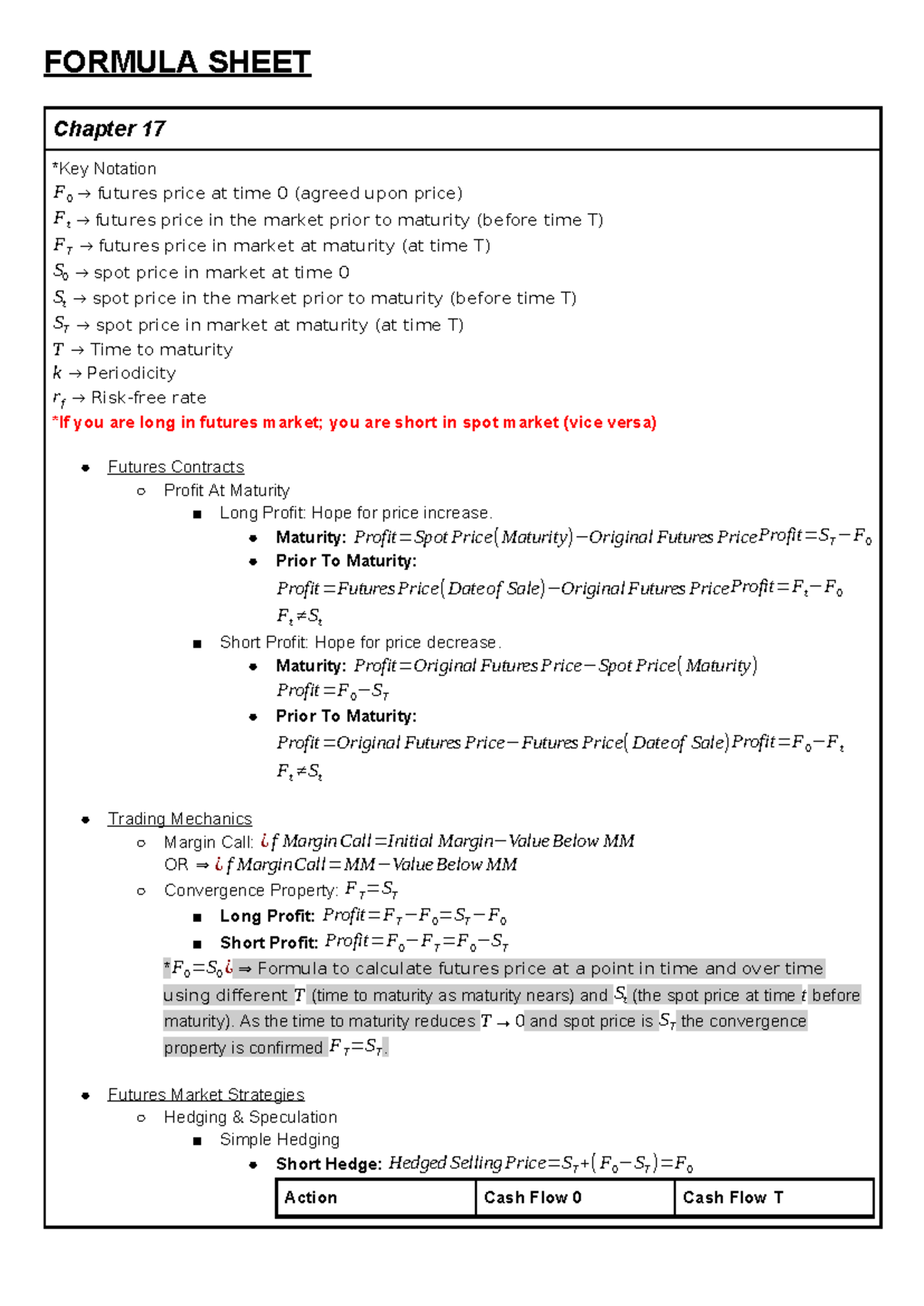 Comprehensive Formula Sheet for Futures and Swaps (Chapter 17) - Studocu