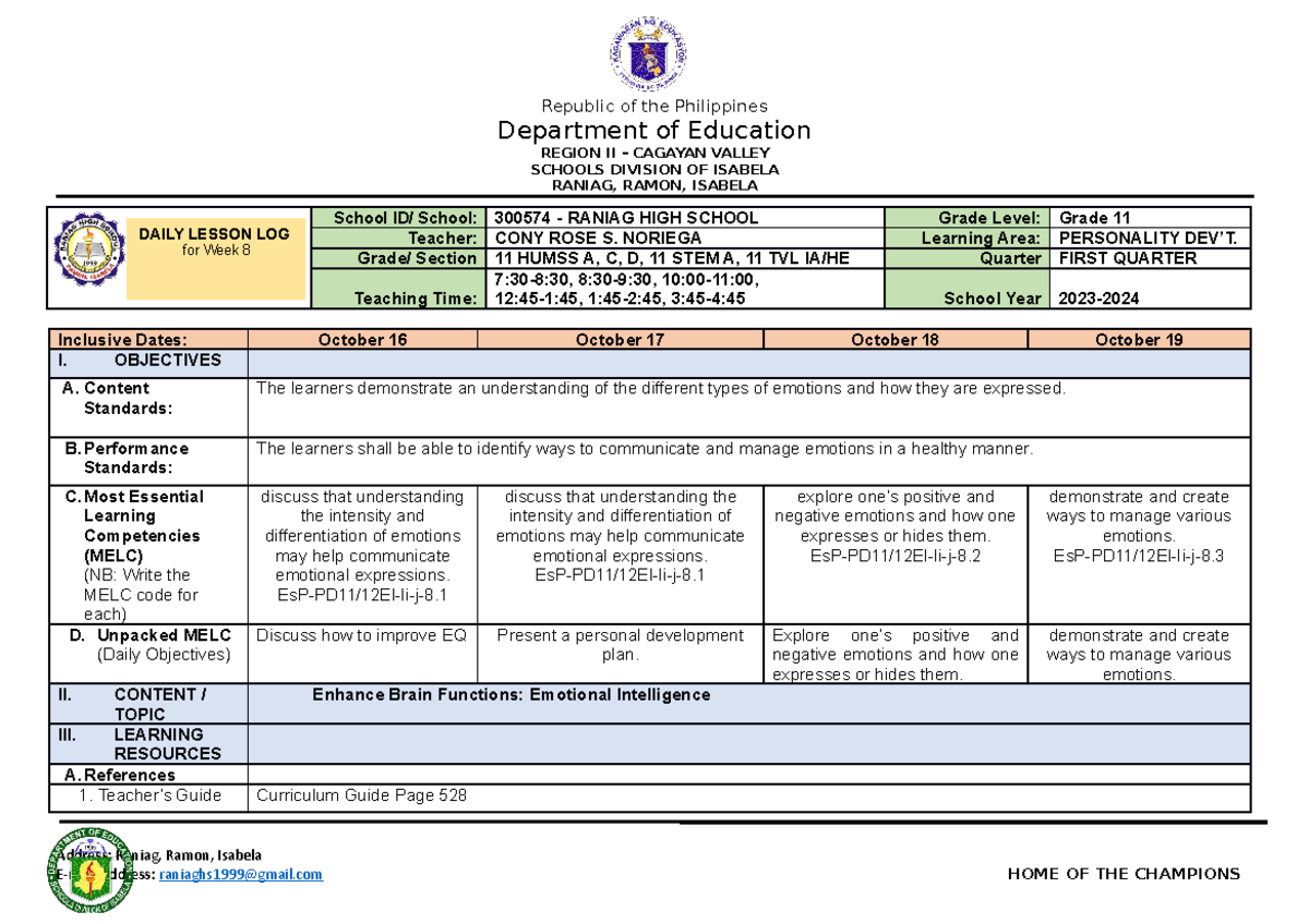 DLL Perdev Q1 W8 - Lesson Plan on Emotional Intelligence and Management - Studocu