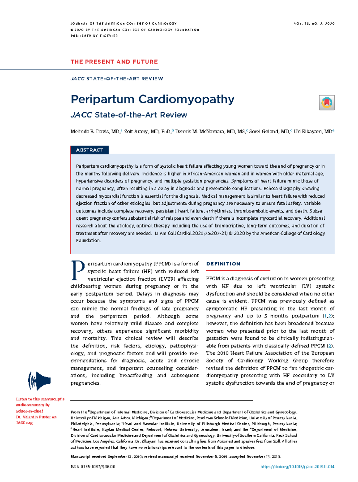 JACC Review: Peripartum Cardiomyopathy Insights (JACC 2020) - Studocu