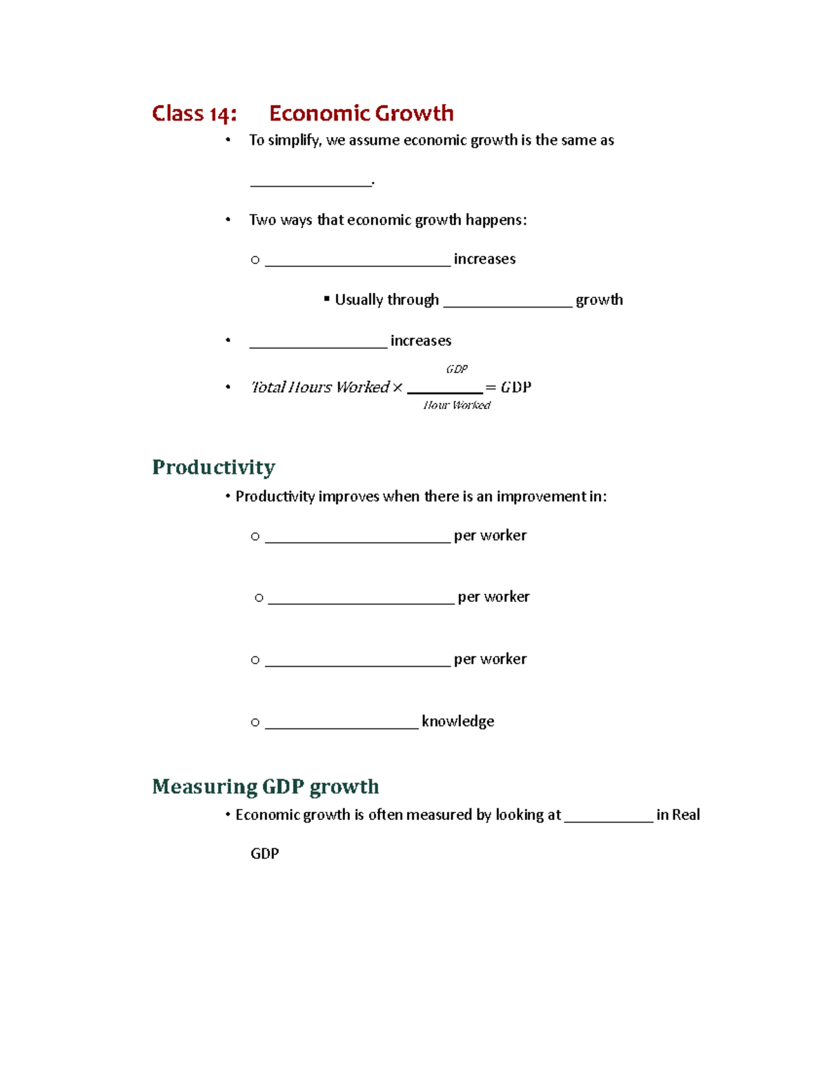 Economic Growth Concepts and GDP Measurement - EC 202 Workbook - Class ...