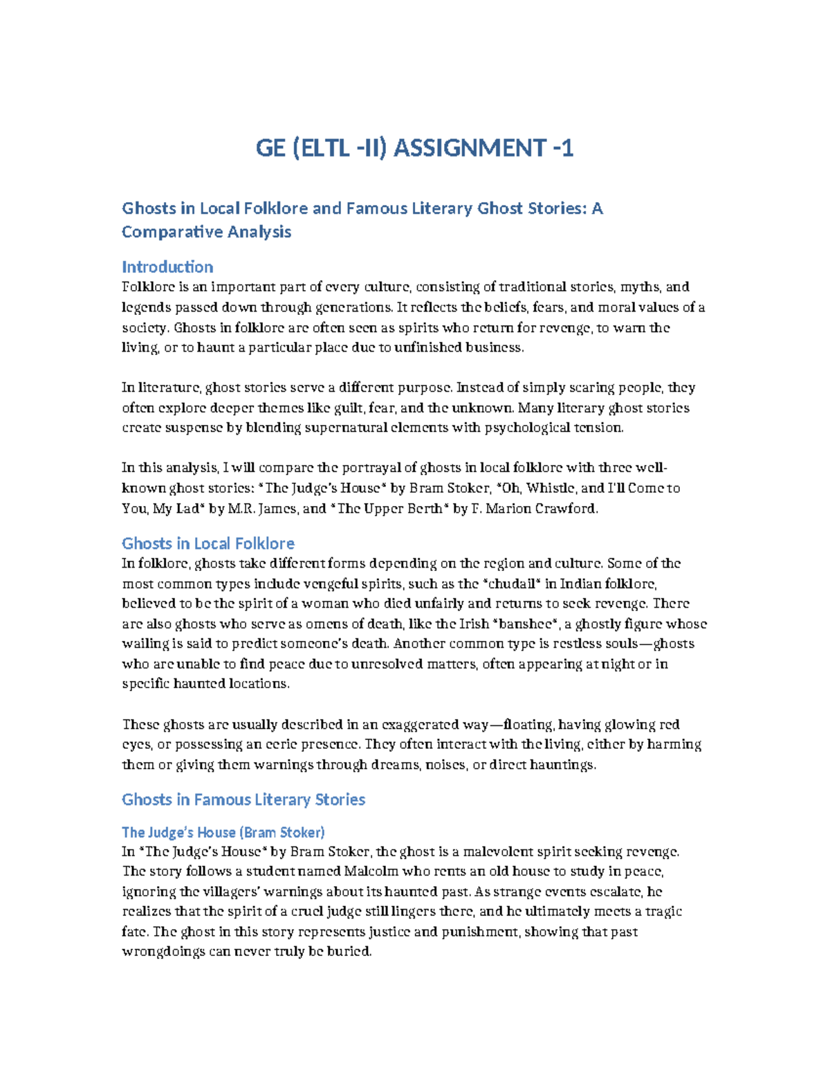 GE (ELTL ASSIGNMENT) Comparative Analysis of Ghosts in Folklore ...