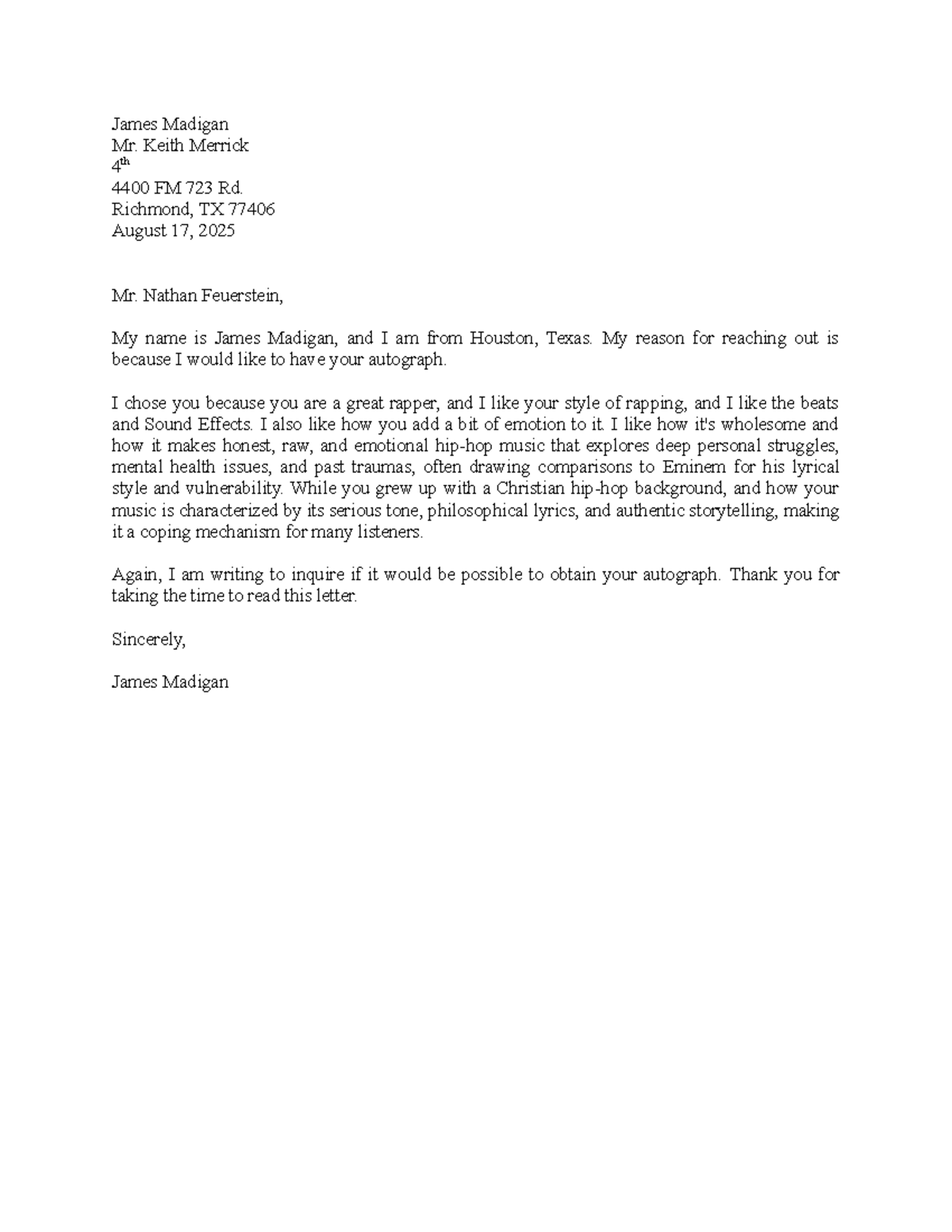 Request for Autograph from Nathan Feuerstein - James Madigan - Studocu