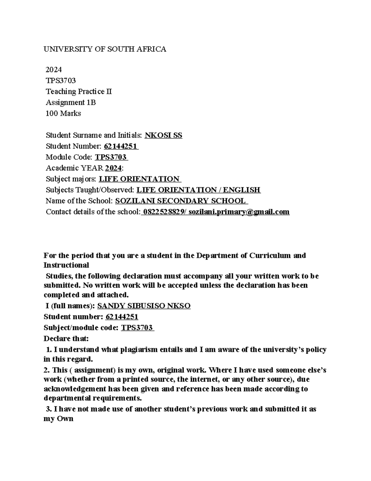 TPS3703 Teaching Practice II Assignment 1B Reflection 2024 - Studocu