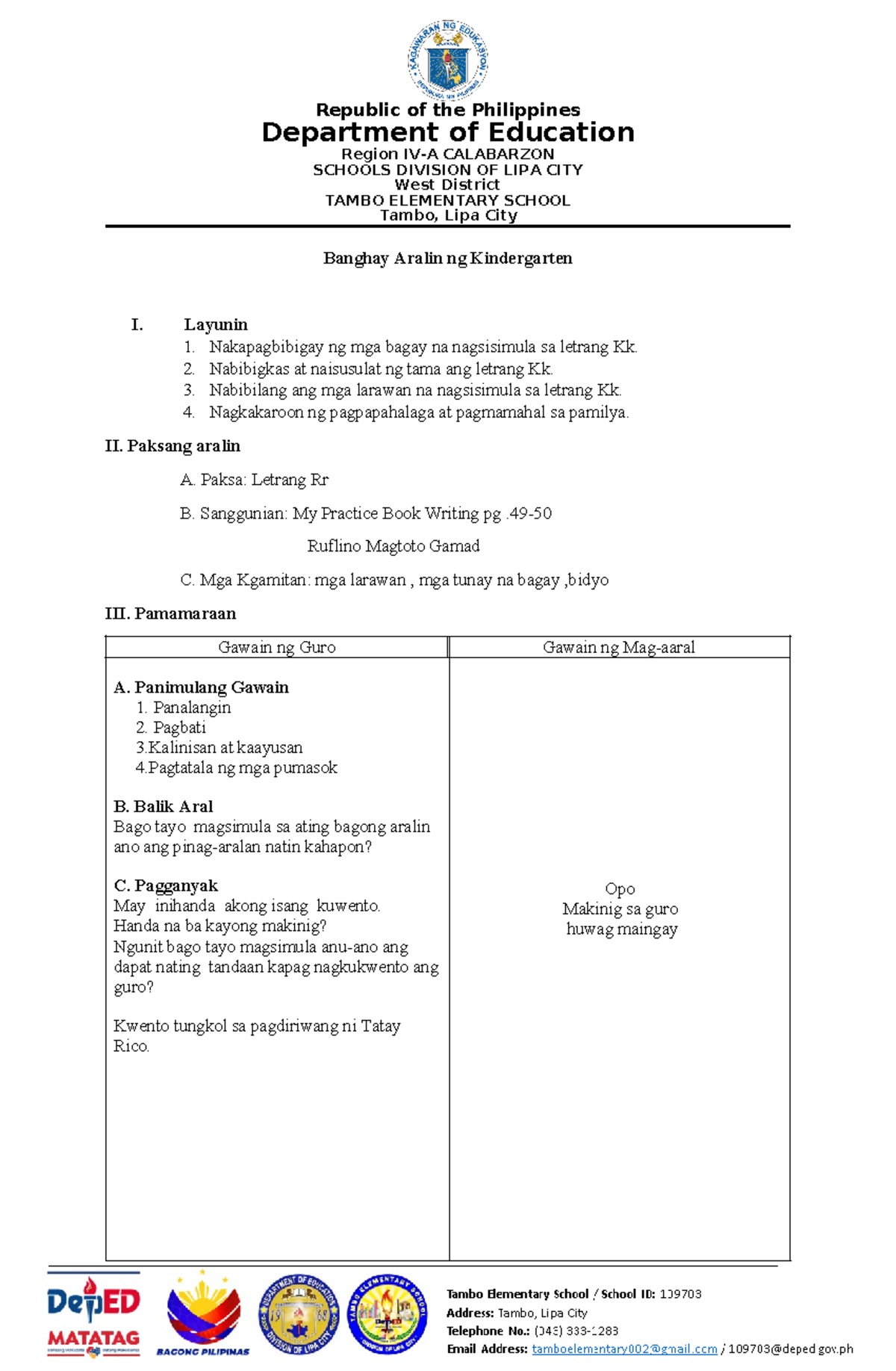 Lesson Plan for Letrang K (Kindergarten) - Activities & Goals - Studocu