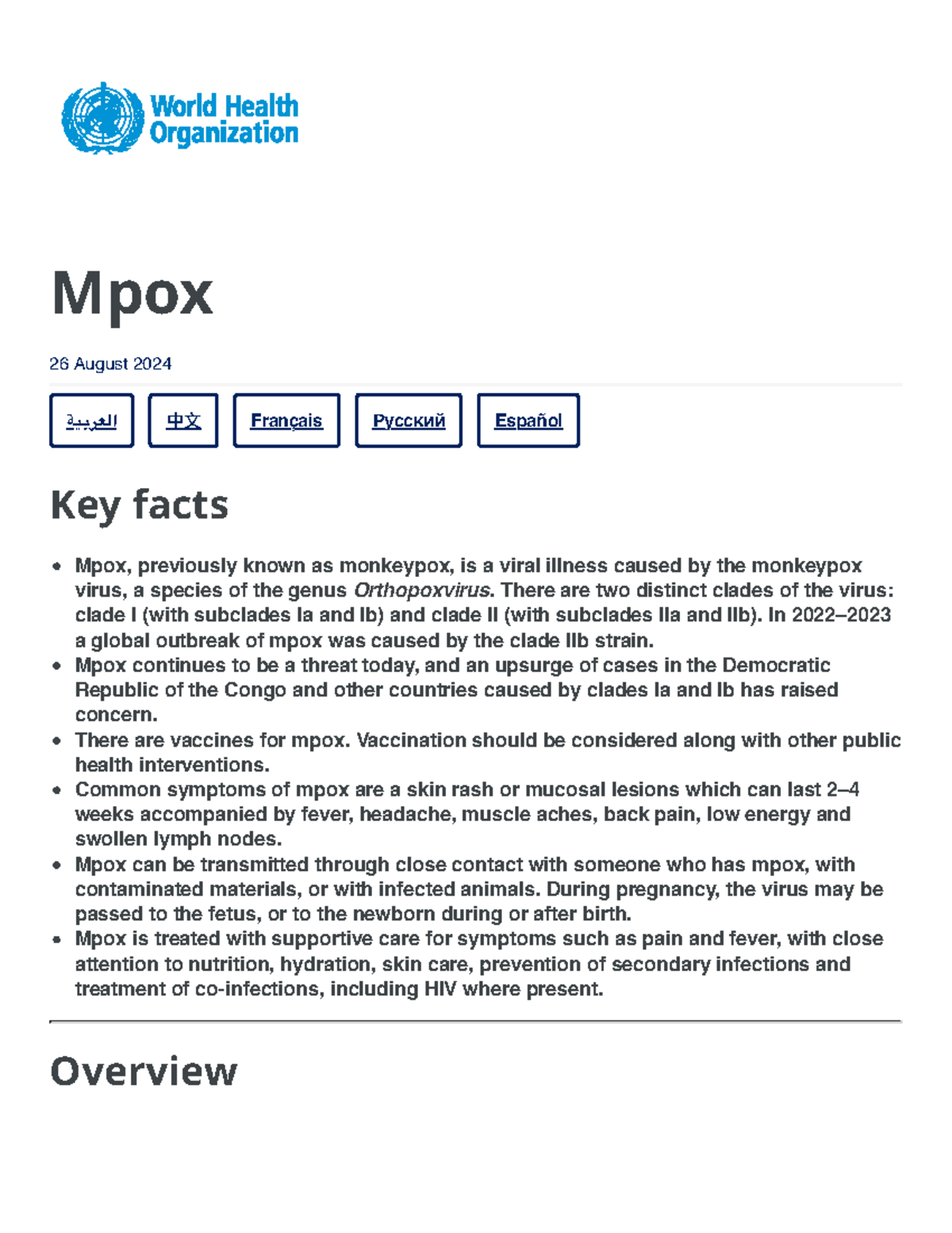 Mpox Overview: Key Facts, Transmission, and WHO Response - Studocu