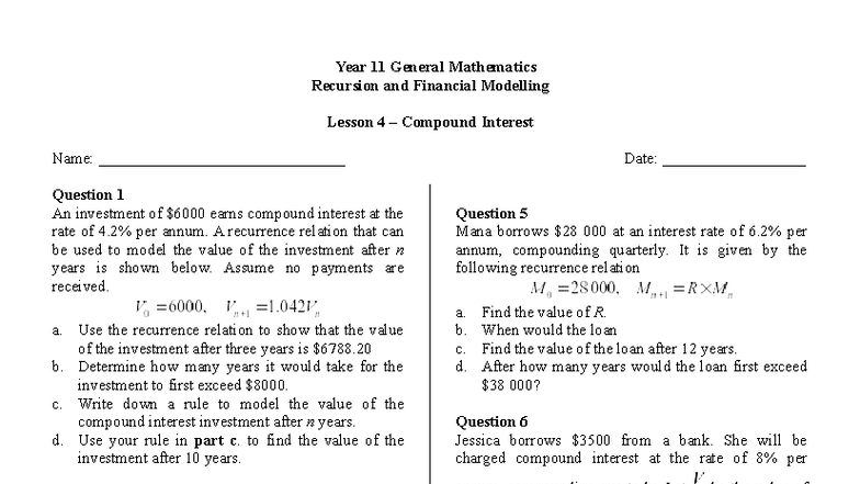Year 11 General Mathematics: Lesson 4 - Compound Interest & Recursion ...