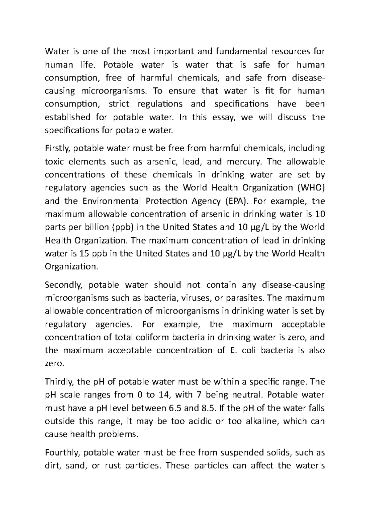 Specifications for Potable Water Quality Standards and Safety - Studocu