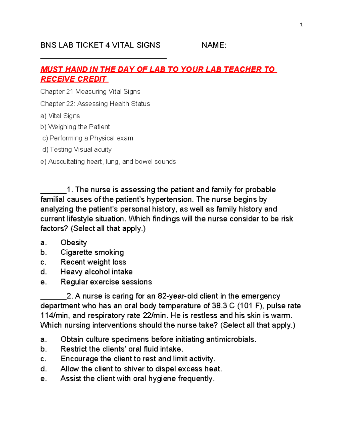 BNS LAB TICKET 4: MASTERING VITAL SIGNS AND PATIENT ASSESSMENT - Studocu