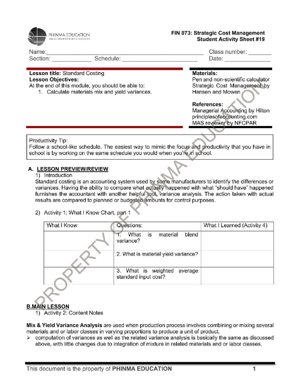 PHINMA EDUCATION FIN 073: Strategic Cost Management Activity Sheet ...