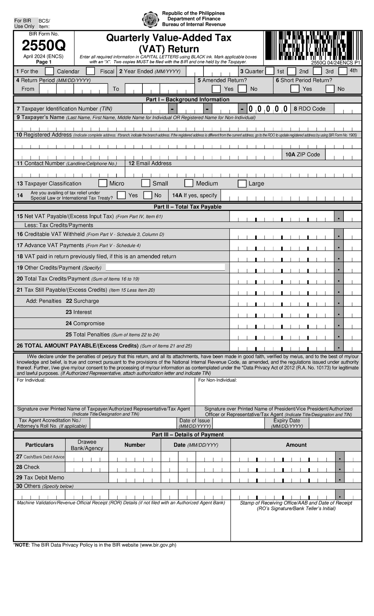 BIR Form 2550Q: Quarterly VAT Return Instructions for April 2024 - Studocu