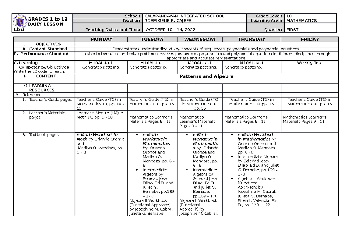 MATH10 DLL Q1 - WEEK 1 DAILY LESSON LOG for Grade 10 - Studocu