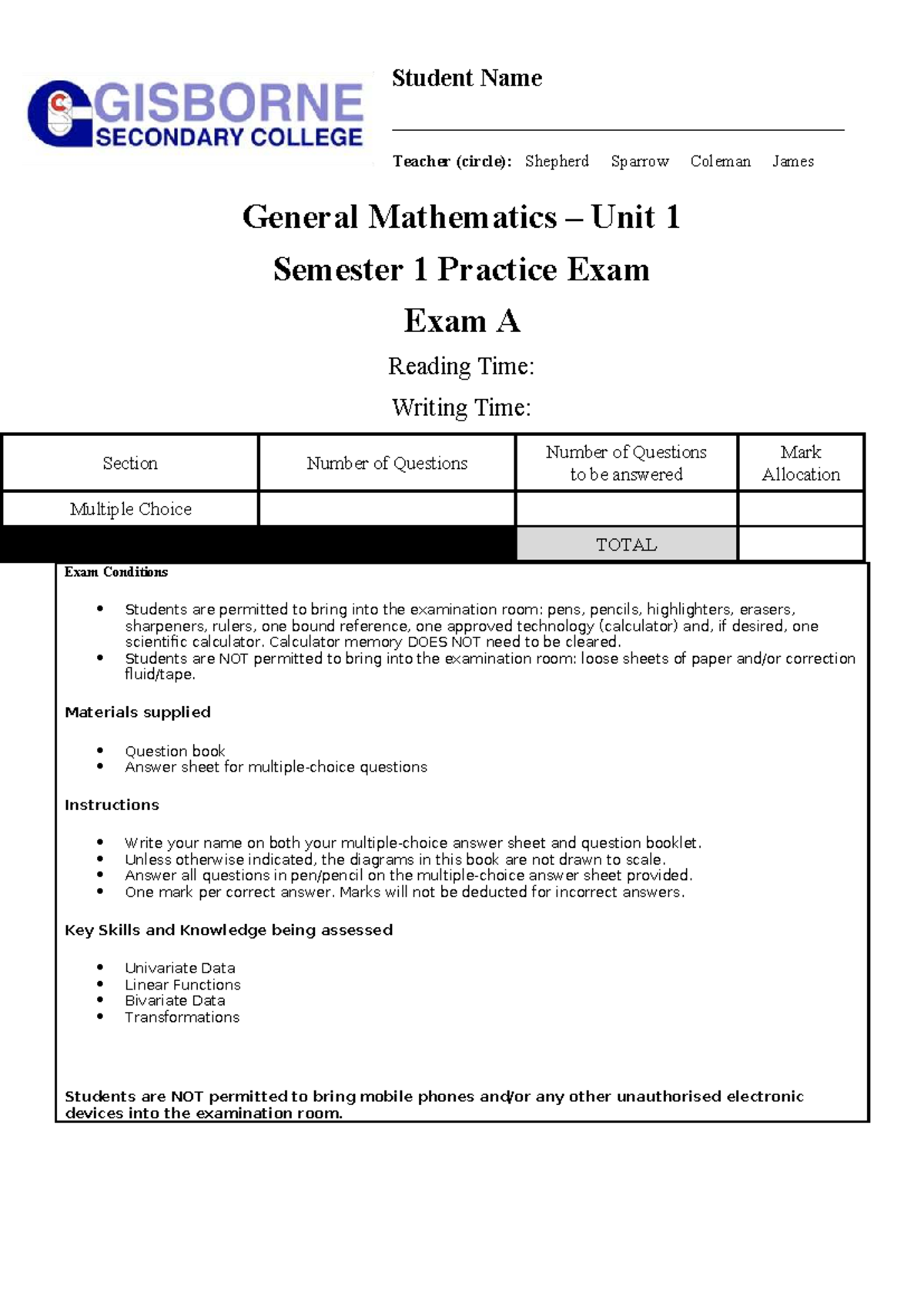VCE Maths UNIT 1 2026 Practice Exam - Exam A - Studocu