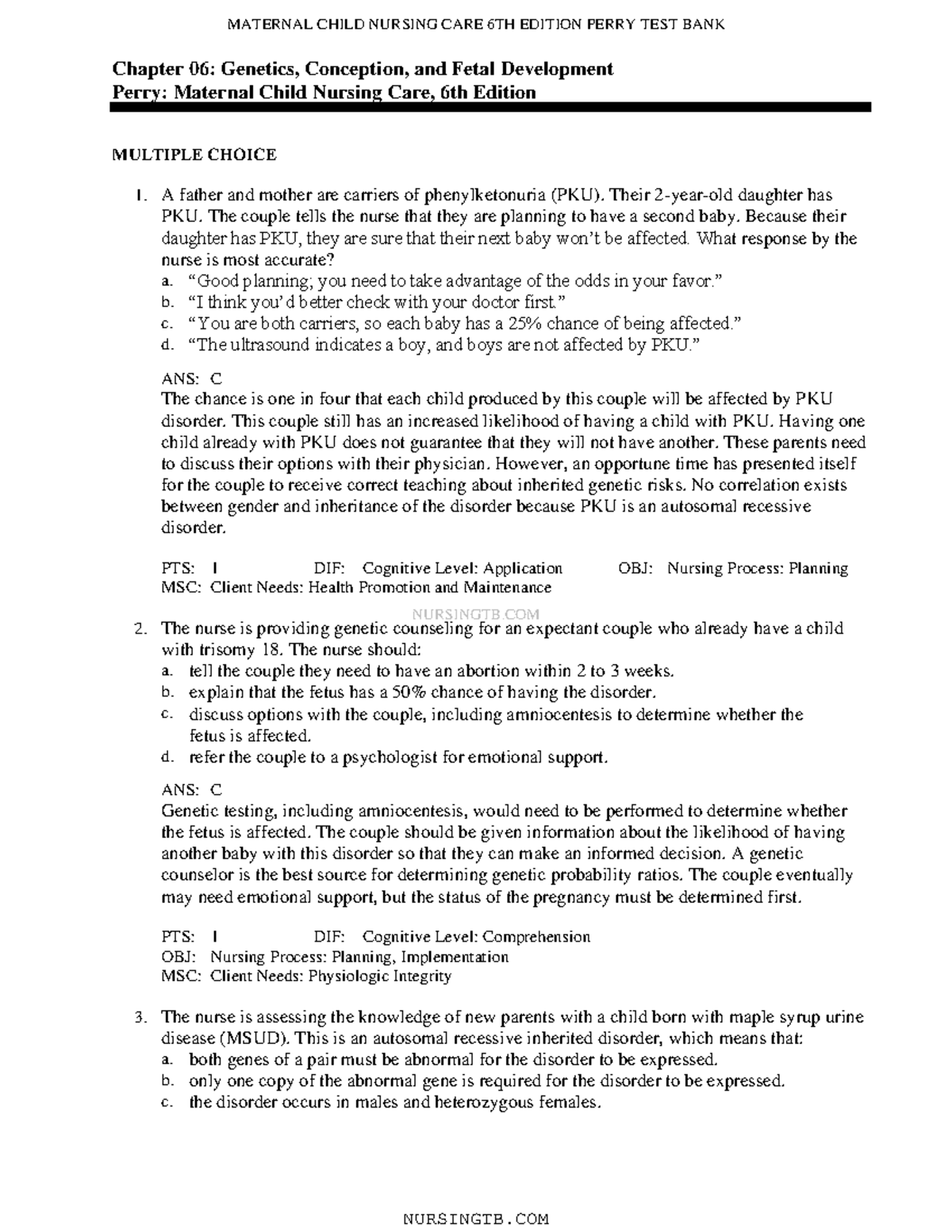 C6 - Maternal Child Nursing Care Test Bank: Genetics and Fetal ...