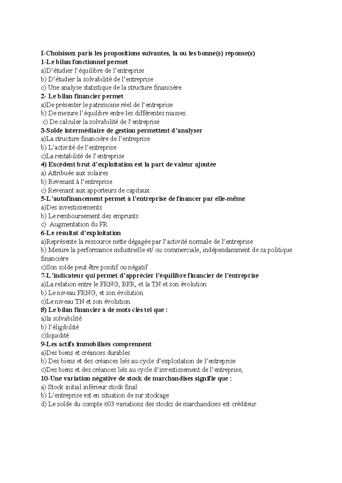 Analyse Financière QCM: Bilan Fonctionnel et Solvabilité - Studocu