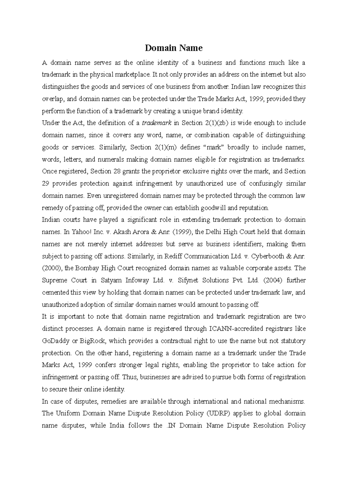 Domain Name Protection and INDRP Overview: Legal Insights - Studocu