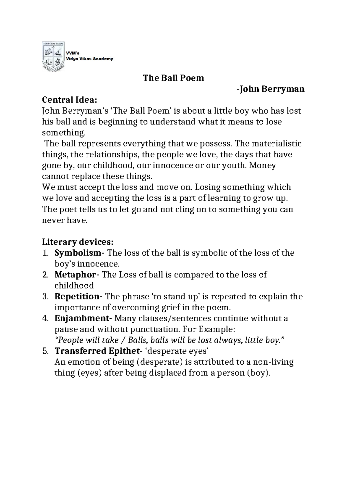 The Ball Poem- notes - The Ball Poem - John Berryman Central Idea: John ...