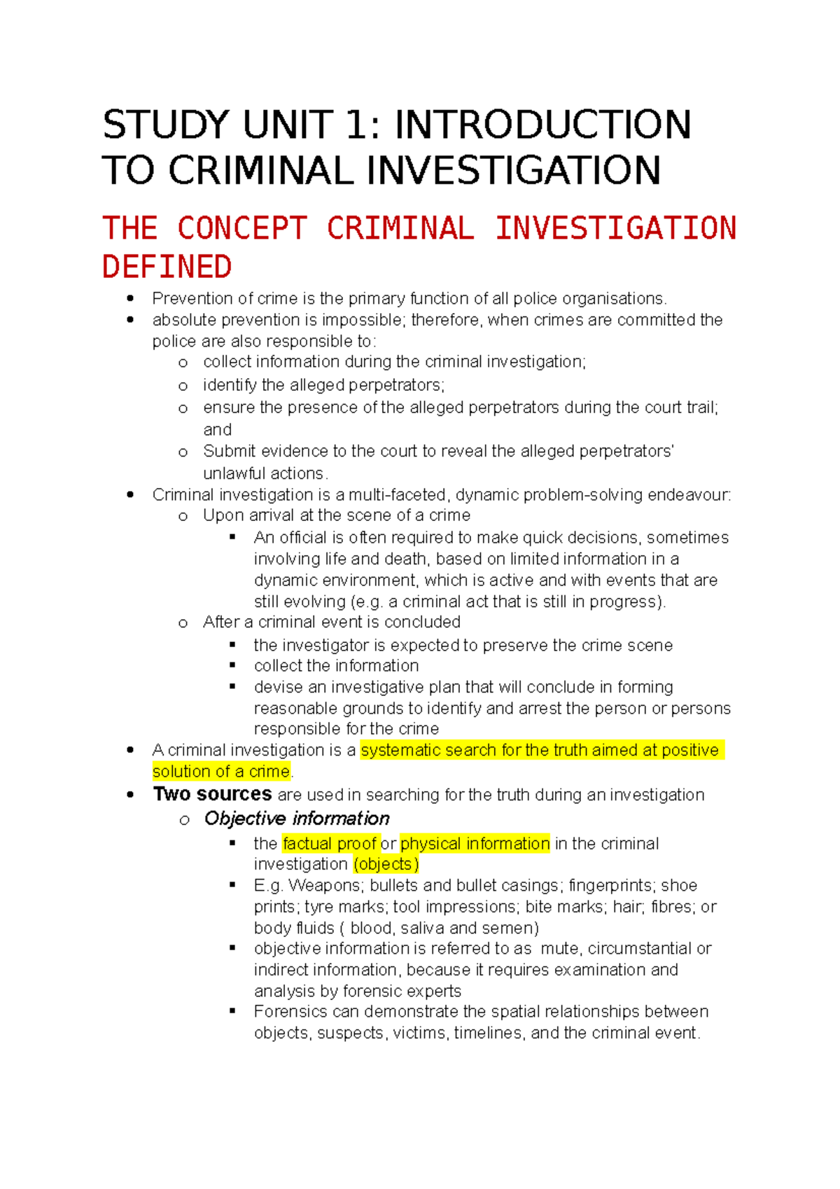 Study UNIT 1: Summary Notes on Criminal Investigation Concepts - Studocu