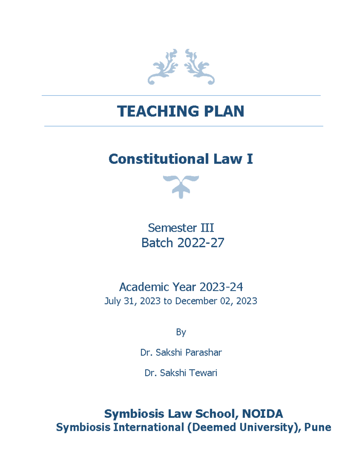 Teaching Plan: Constitutional Law I (Semester III, 2023) - Studocu